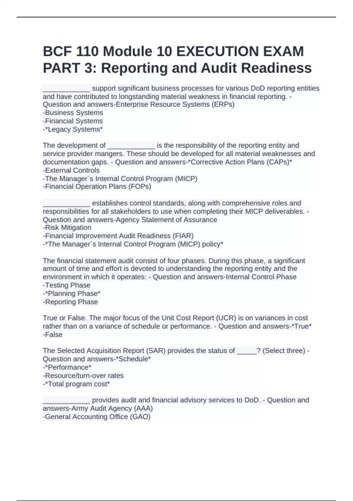 BCF 110 Module 10 EXECUTION EXAM PART 3 Exam Questions and Answers ...