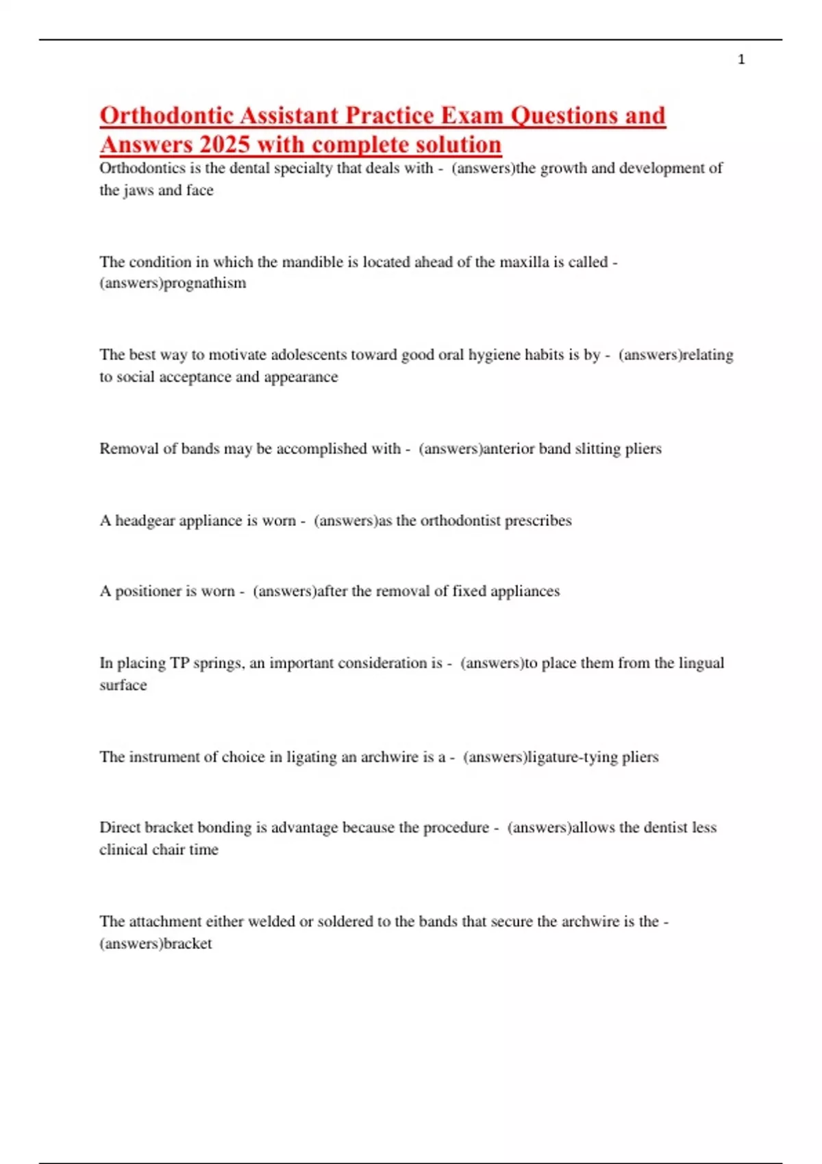 Orthodontic Assistant Practice Exam Questions and Answers 2025 with ...