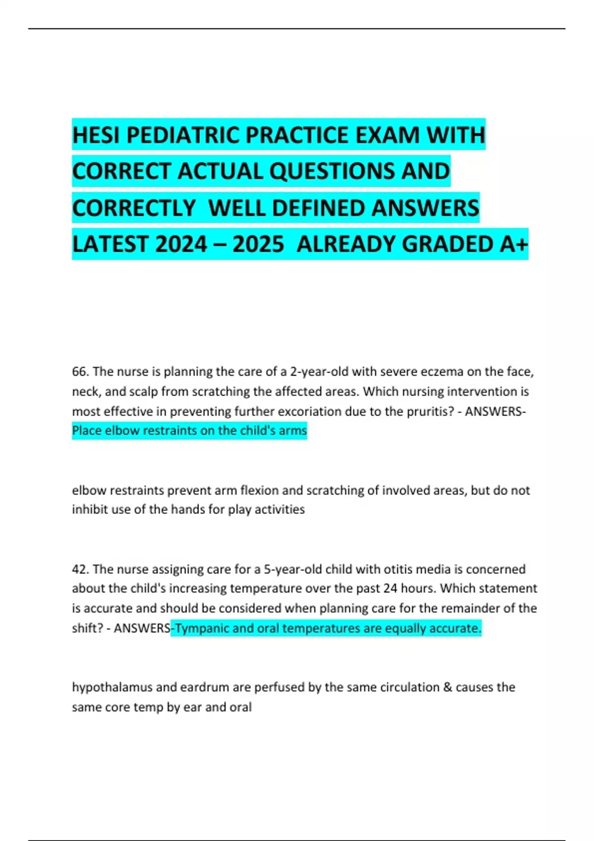 HESI PEDIATRIC PRACTICE EXAM WITH CORRECT ACTUAL QUESTIONS AND ...