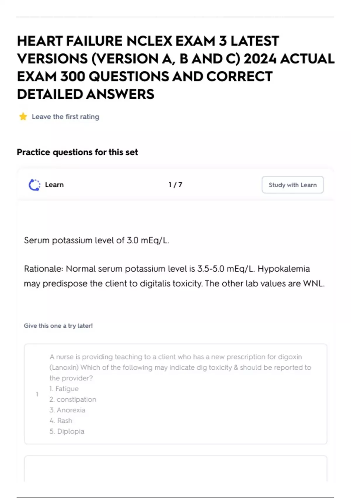 HEART FAILURE NCLEX EXAM 3 LATEST VERSIONS (VERSION A, B AND C) 2024 ...