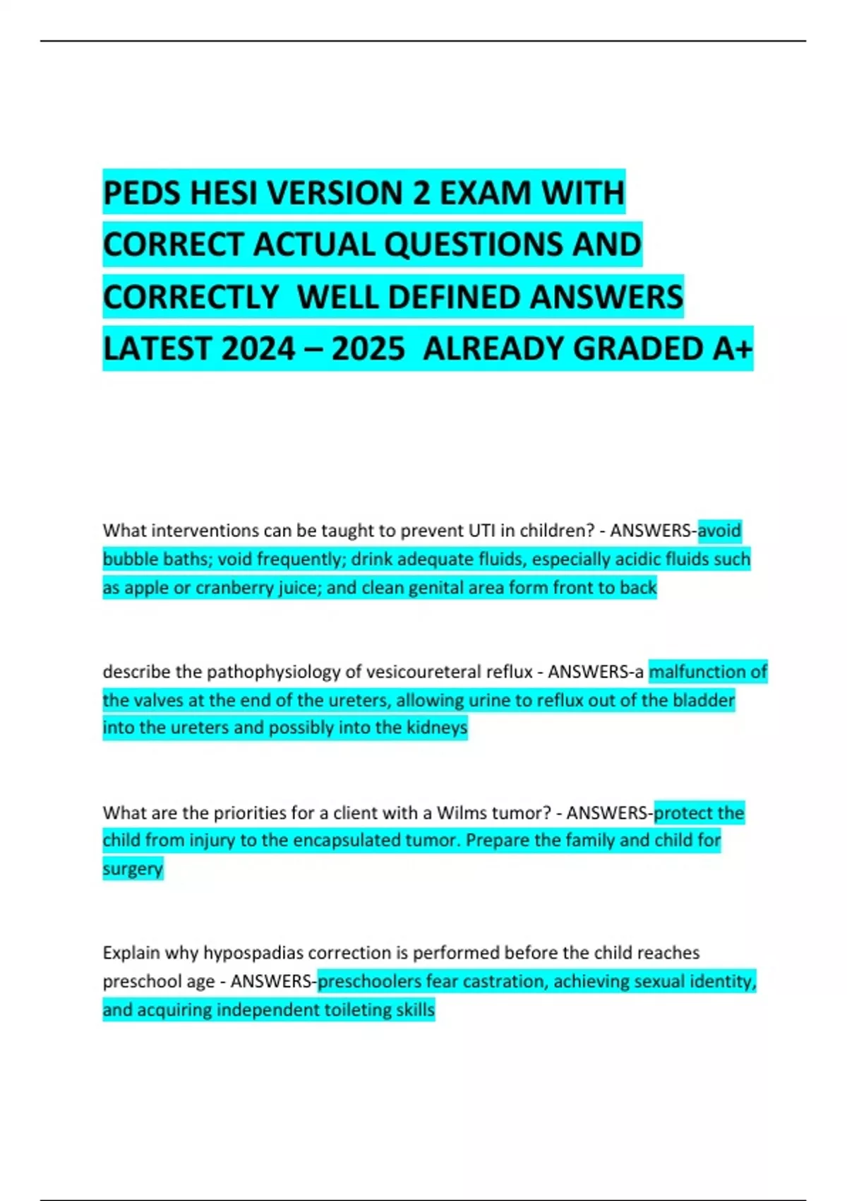 PEDS HESI VERSION 2 EXAM WITH CORRECT ACTUAL QUESTIONS AND CORRECTLY ...