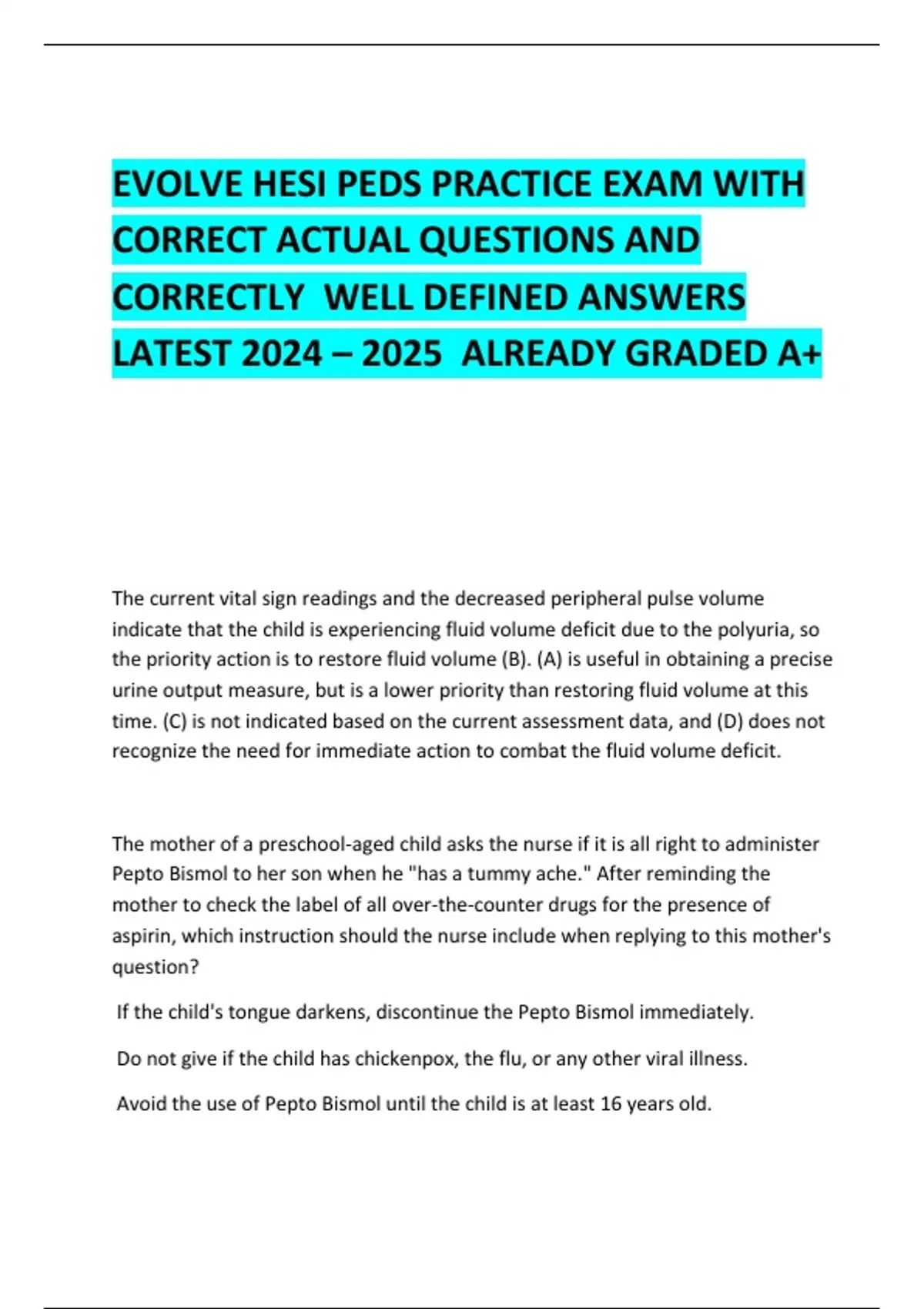 EVOLVE HESI PEDS PRACTICE EXAM WITH CORRECT ACTUAL QUESTIONS AND ...