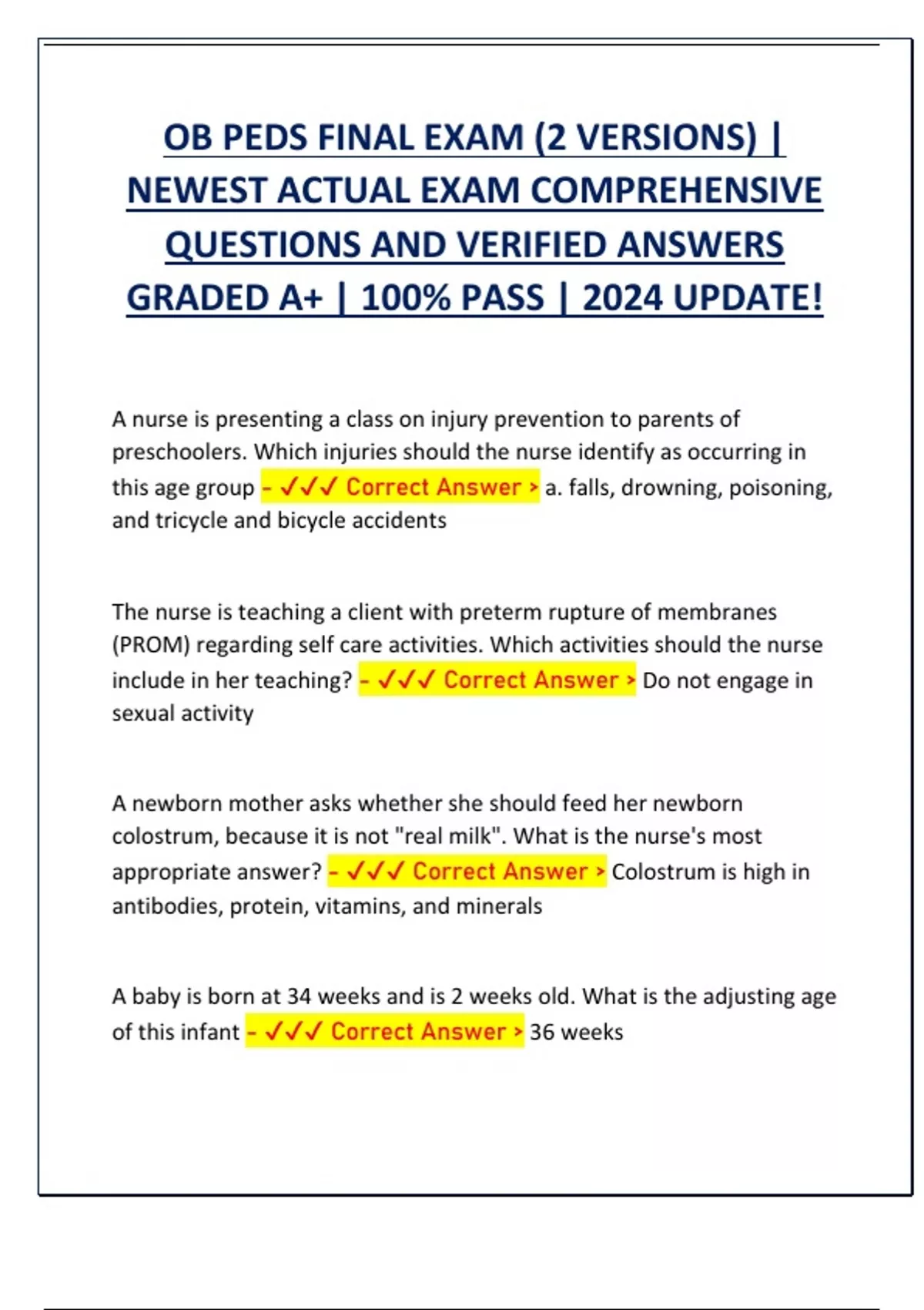 OB PEDS FINAL EXAM (2 VERSIONS) | NEWEST ACTUAL EXAM COMPREHENSIVE ...