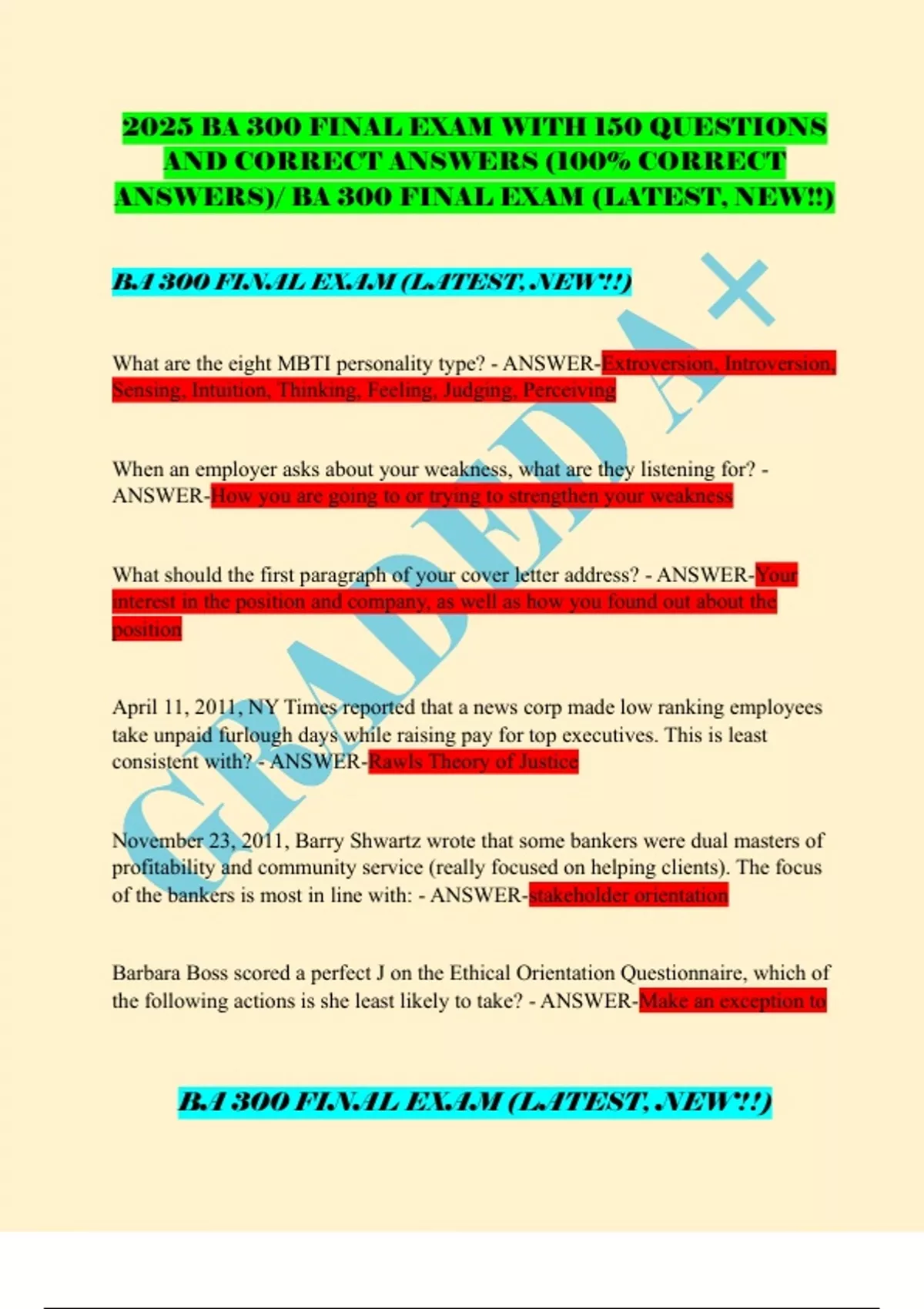 2025 BA 300 FINAL EXAM WITH 150 QUESTIONS AND CORRECT ANSWERS (100% ...