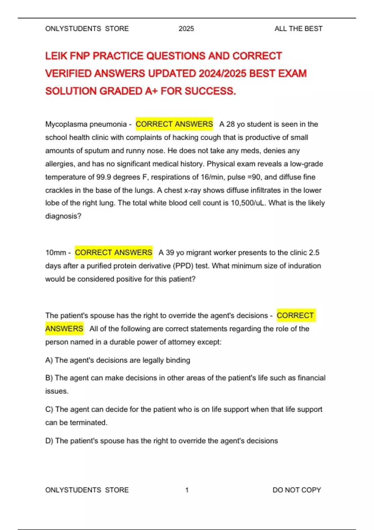 LEIK FNP PRACTICE QUESTIONS AND CORRECTVERIFIED ANSWERS UPDATED 2024/ ...