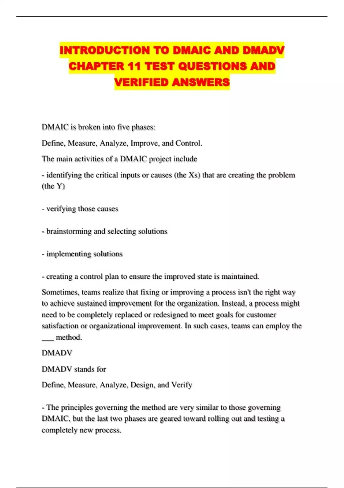 INTRODUCTION TO DMAIC AND DMADV CHAPTER 11 TEST QUESTIONS AND VERIFIED ...