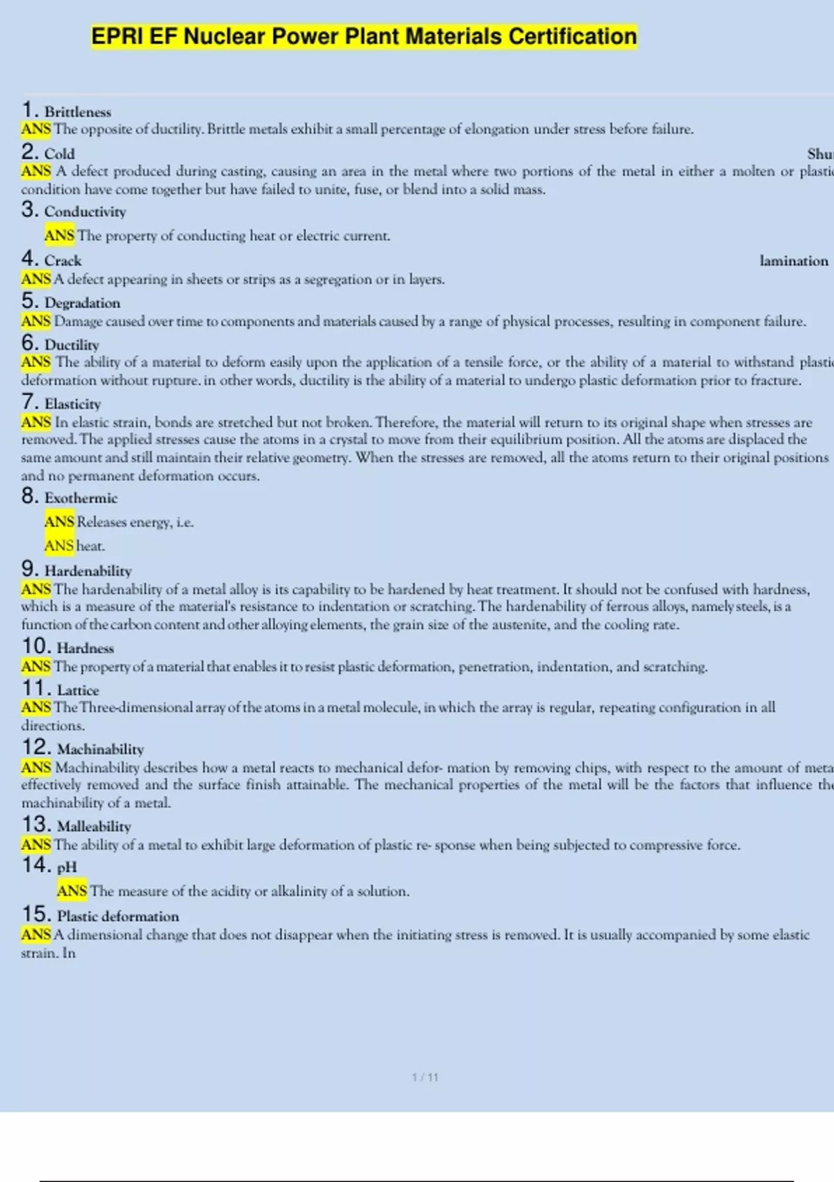 EPRI EF Nuclear Power Plant Materials Certification 1. Brittleness: The opposite of ductility ...