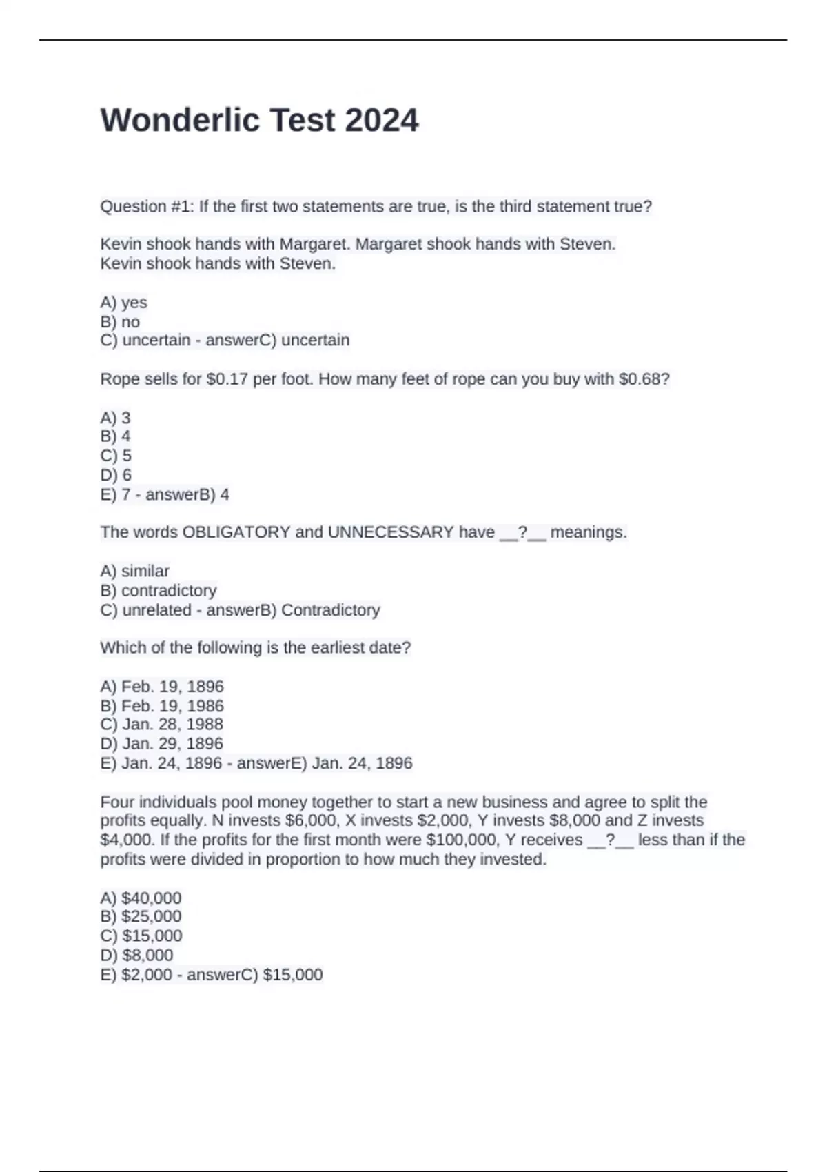 Wonderlic Test 2024 Questions and Answers 2024 - Wonderlic - Stuvia US