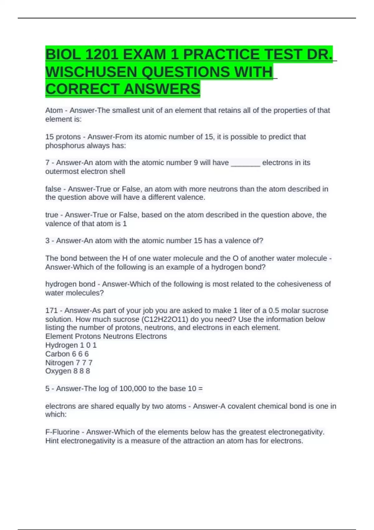 BIOL 1201 EXAM 1 PRACTICE TEST DR. WISCHUSEN QUESTIONS WITH CORRECT ...