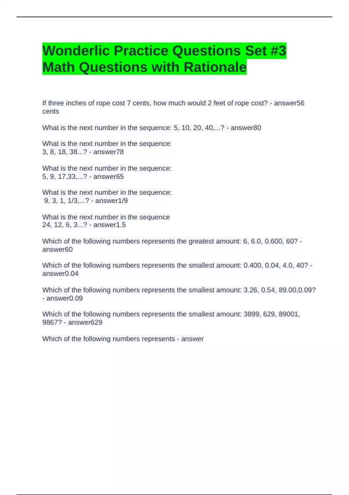 Wonderlic Practice Questions Set #3 Math Questions with Rationale ...