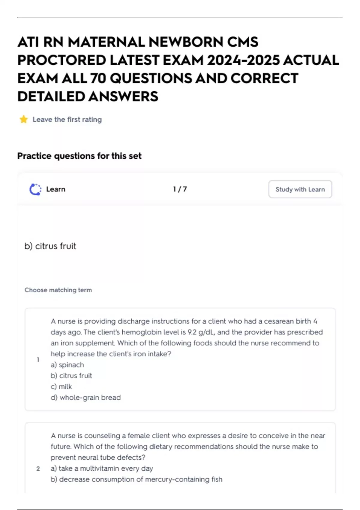 ATI RN MATERNAL NEWBORN CMS PROCTORED LATEST EXAM ACTUAL EXAM ALL 70 ...