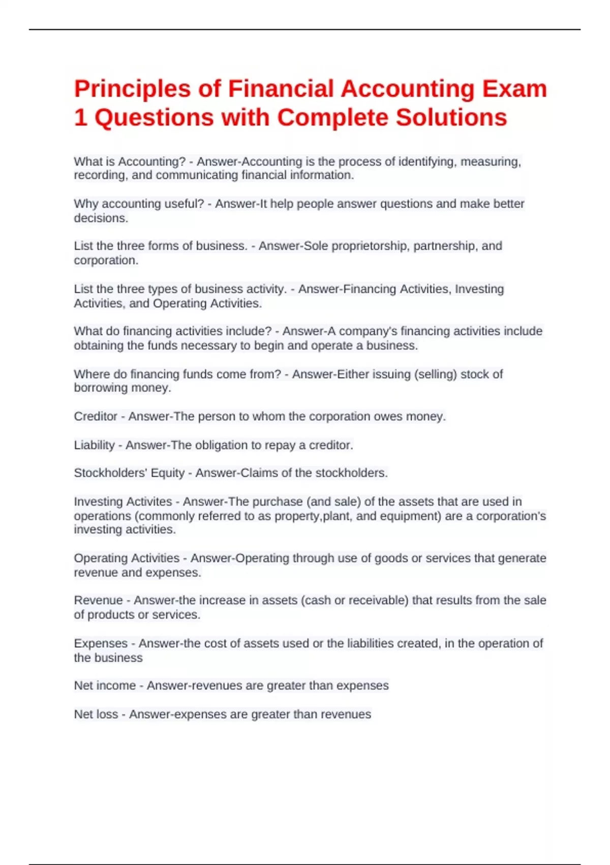 Principles of Financial Accounting Exam 1 Questions with Complete ...