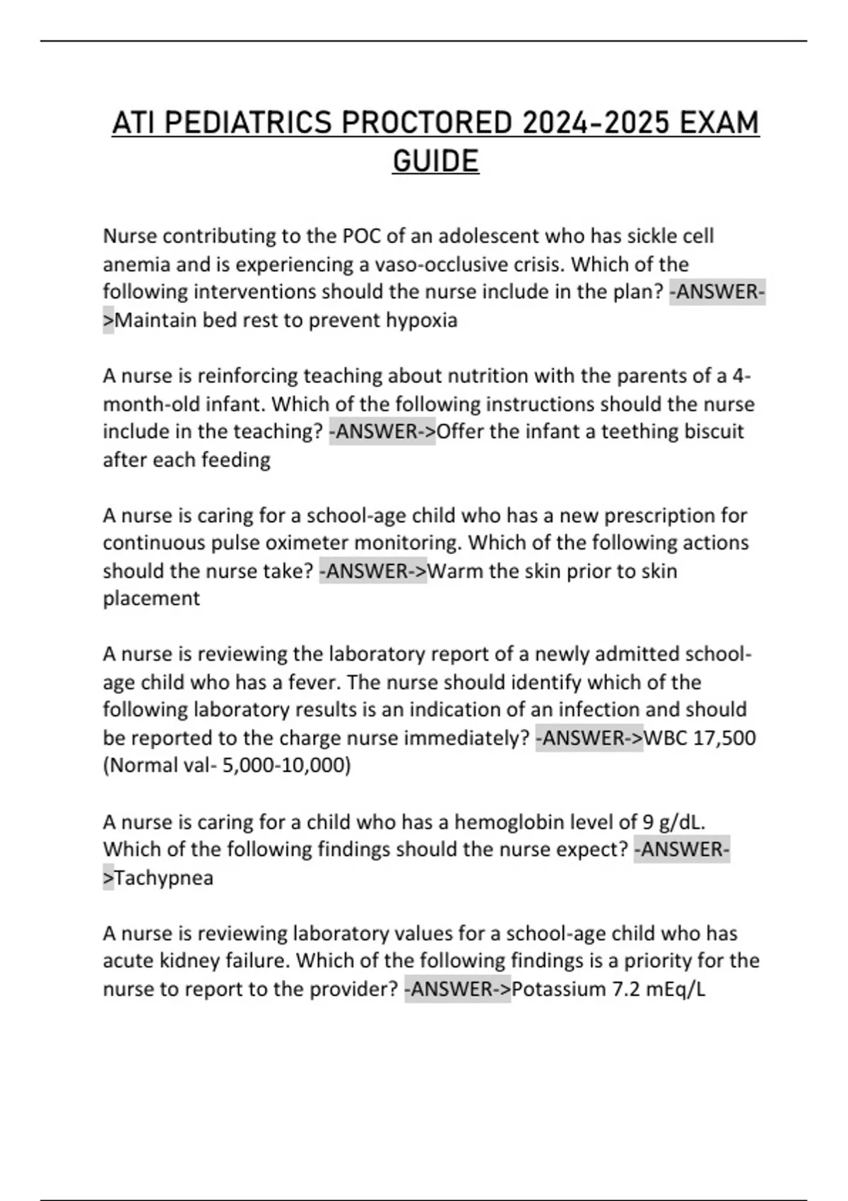 ATI PEDIATRICS PROCTORED EXAM GUIDE updated and revised in - Nursing ...