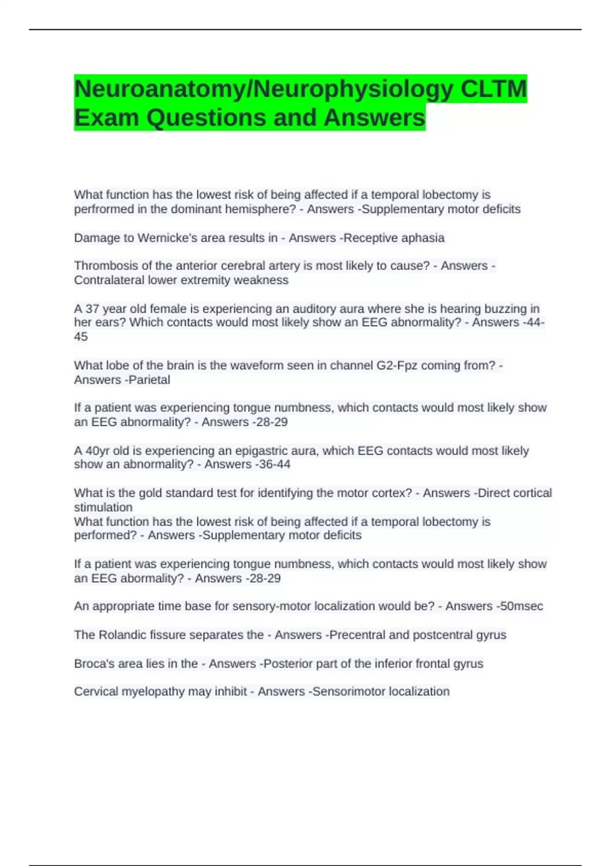 Neuroanatomy-Neurophysiology CLTM Exam Questions and Answers - CLTM ...