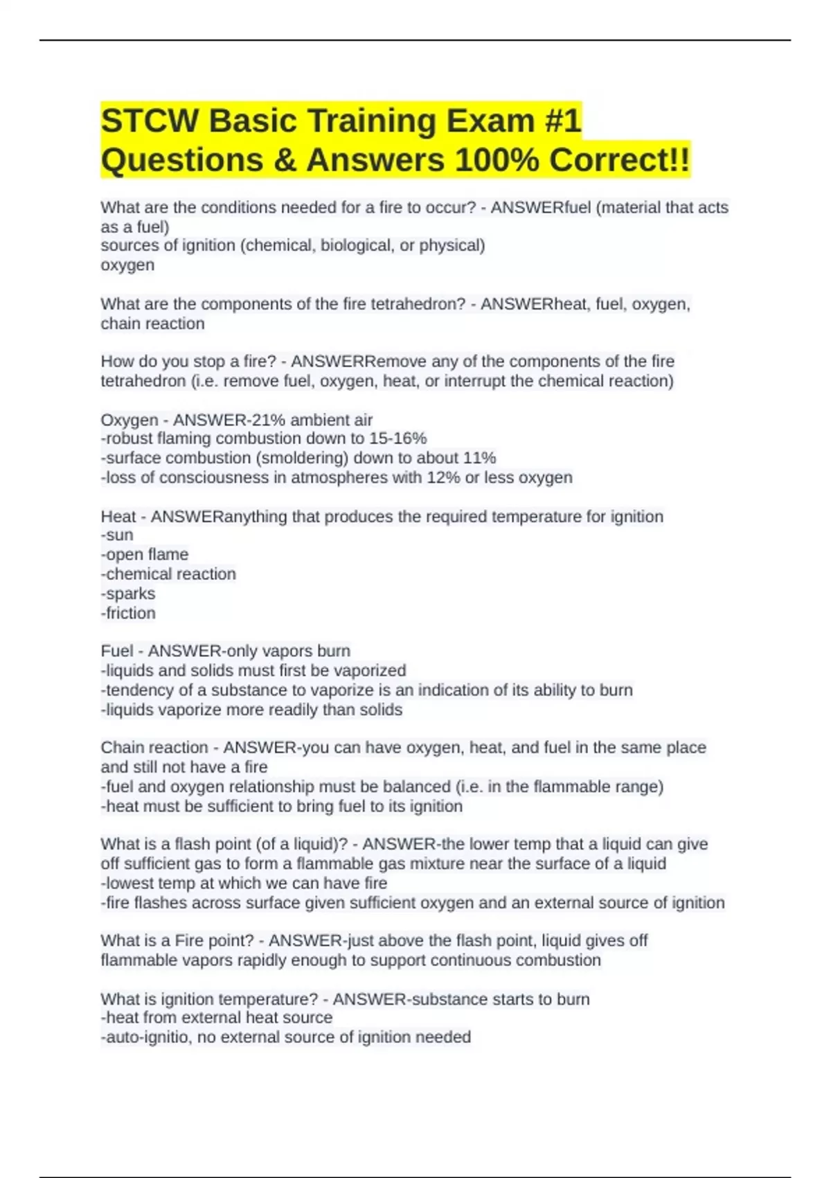 STCW Basic Training Exam #1 Questions & Answers 100% Correct!! - STCW Basic Training - Stuvia US