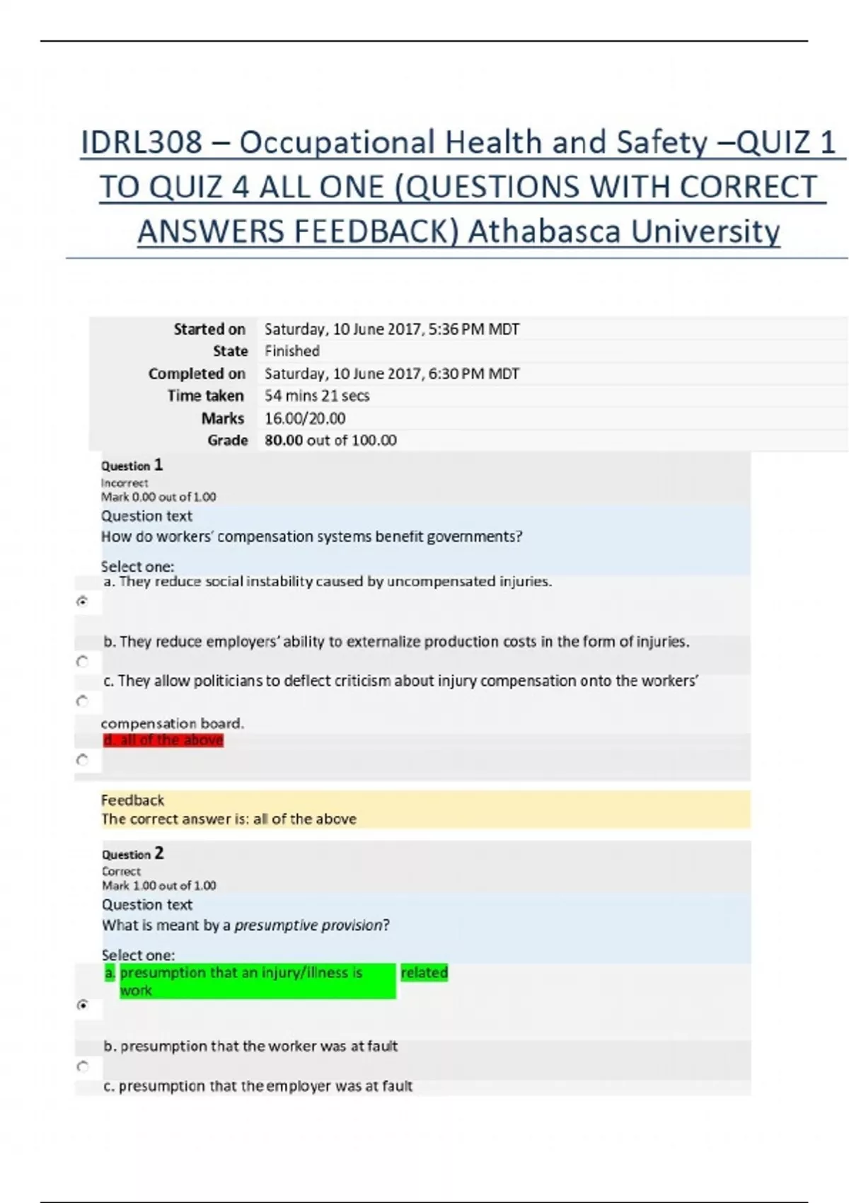 IDRL308 – Occupational Health and Safety –QUIZ 1 TO QUIZ 4 ALL ONE (QUESTIONS WITH CORRECT ...