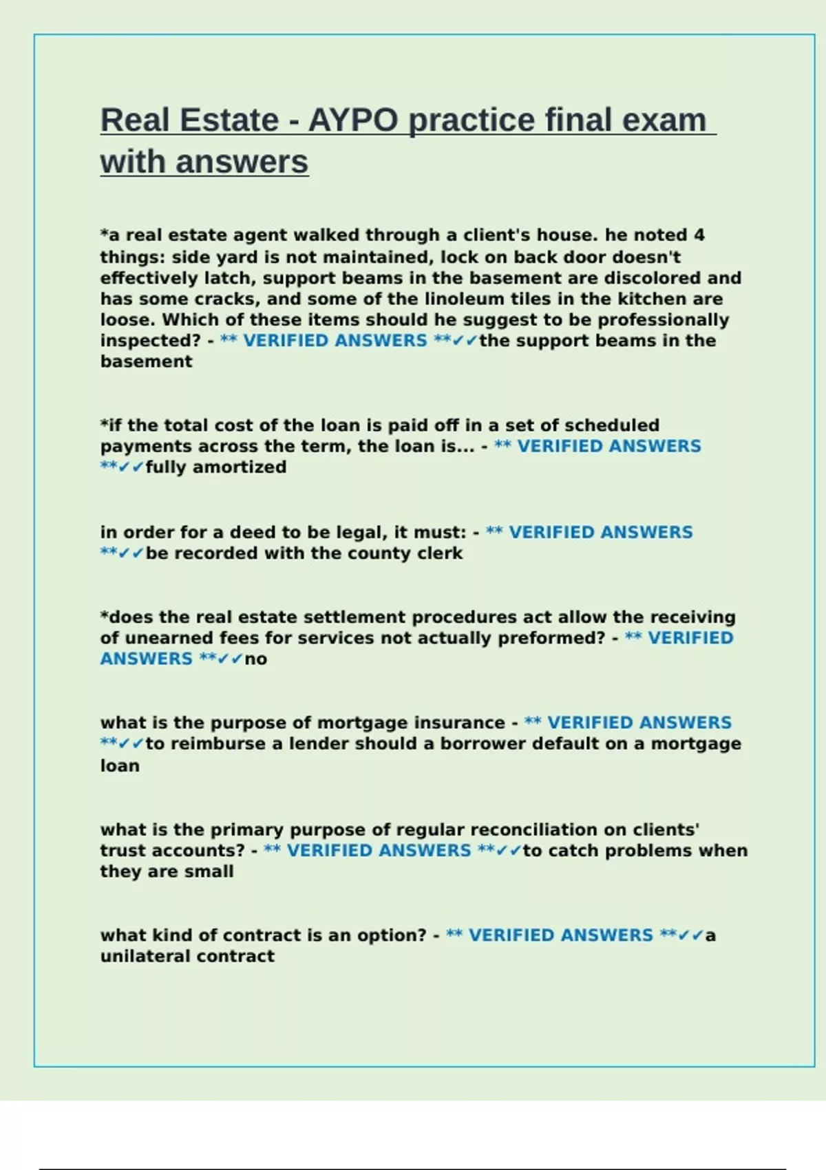 Real Estate - AYPO practice final exam with answers - Real Estate ...