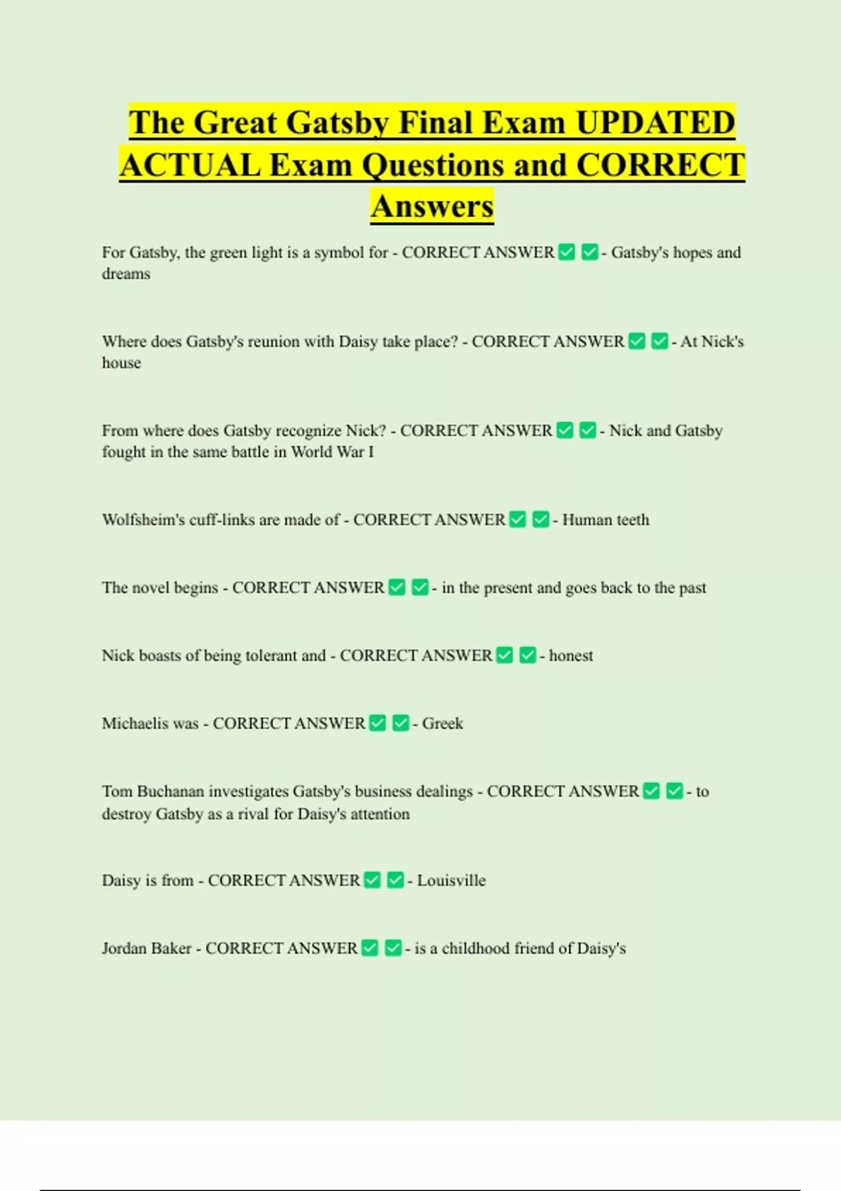 The Great Gatsby Final Exam UPDATED ACTUAL Exam Questions and CORRECT ...