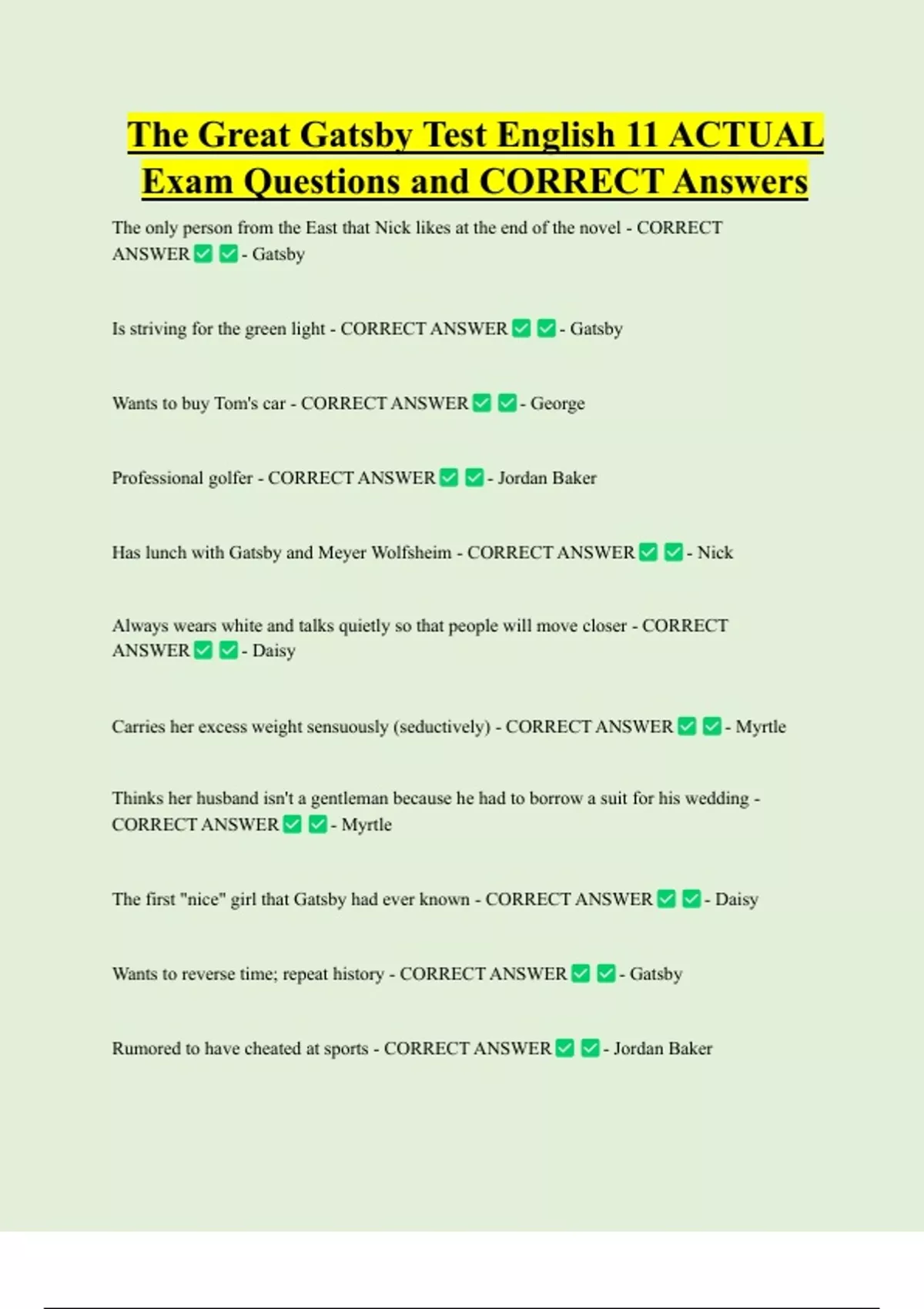 The Great Gatsby Test English 11 ACTUAL Exam Questions and CORRECT ...