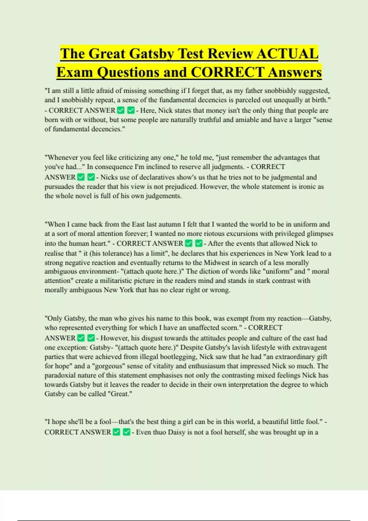 The Great Gatsby Test Review ACTUAL Exam Questions and CORRECT Answers ...
