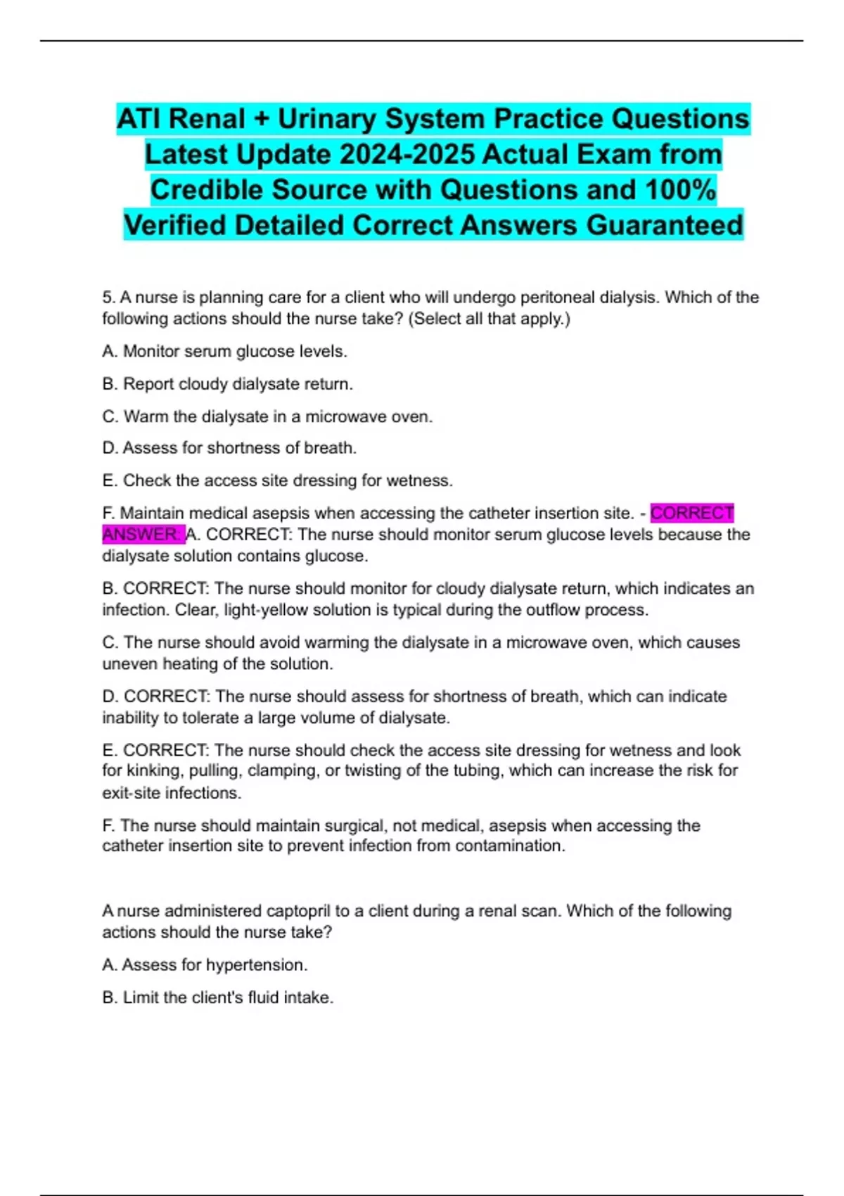 ATI Renal + Urinary System Practice Questions Latest Update Actual Exam ...
