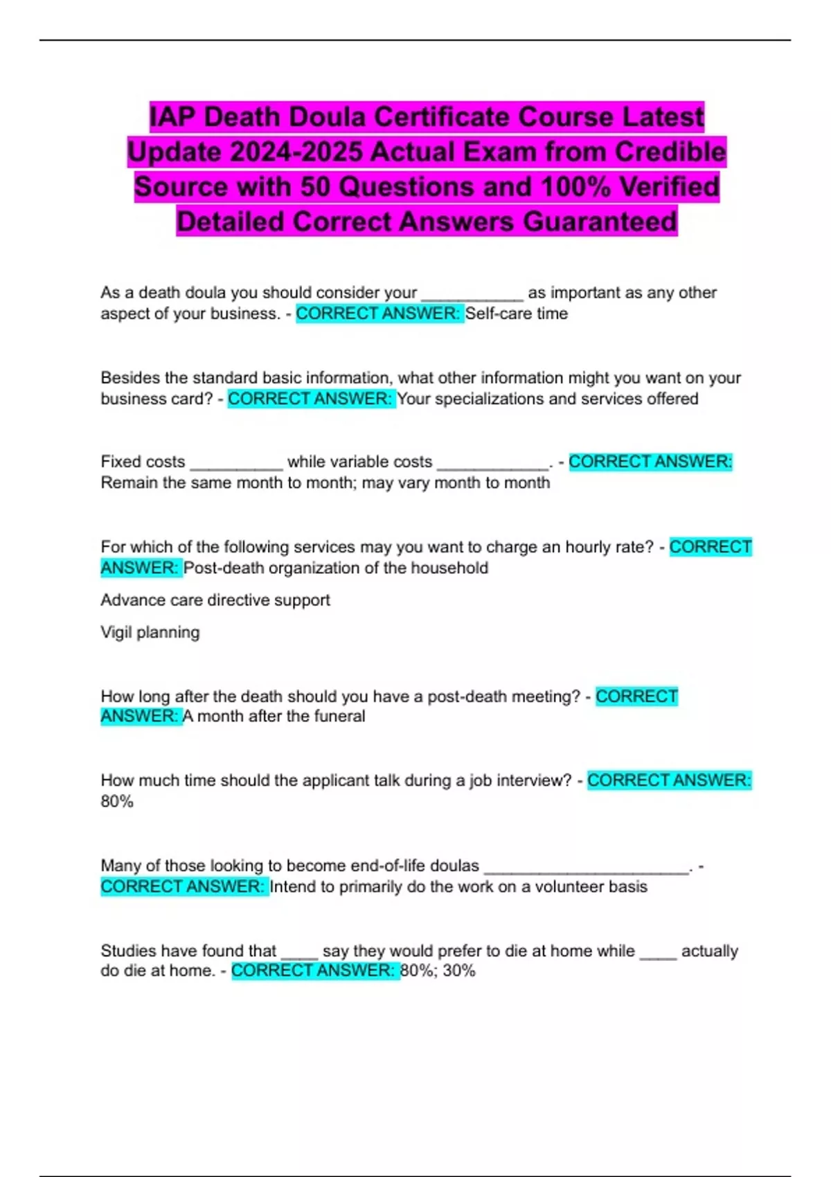 IAP Death Doula Certificate Course Latest Update Actual Exam from ...