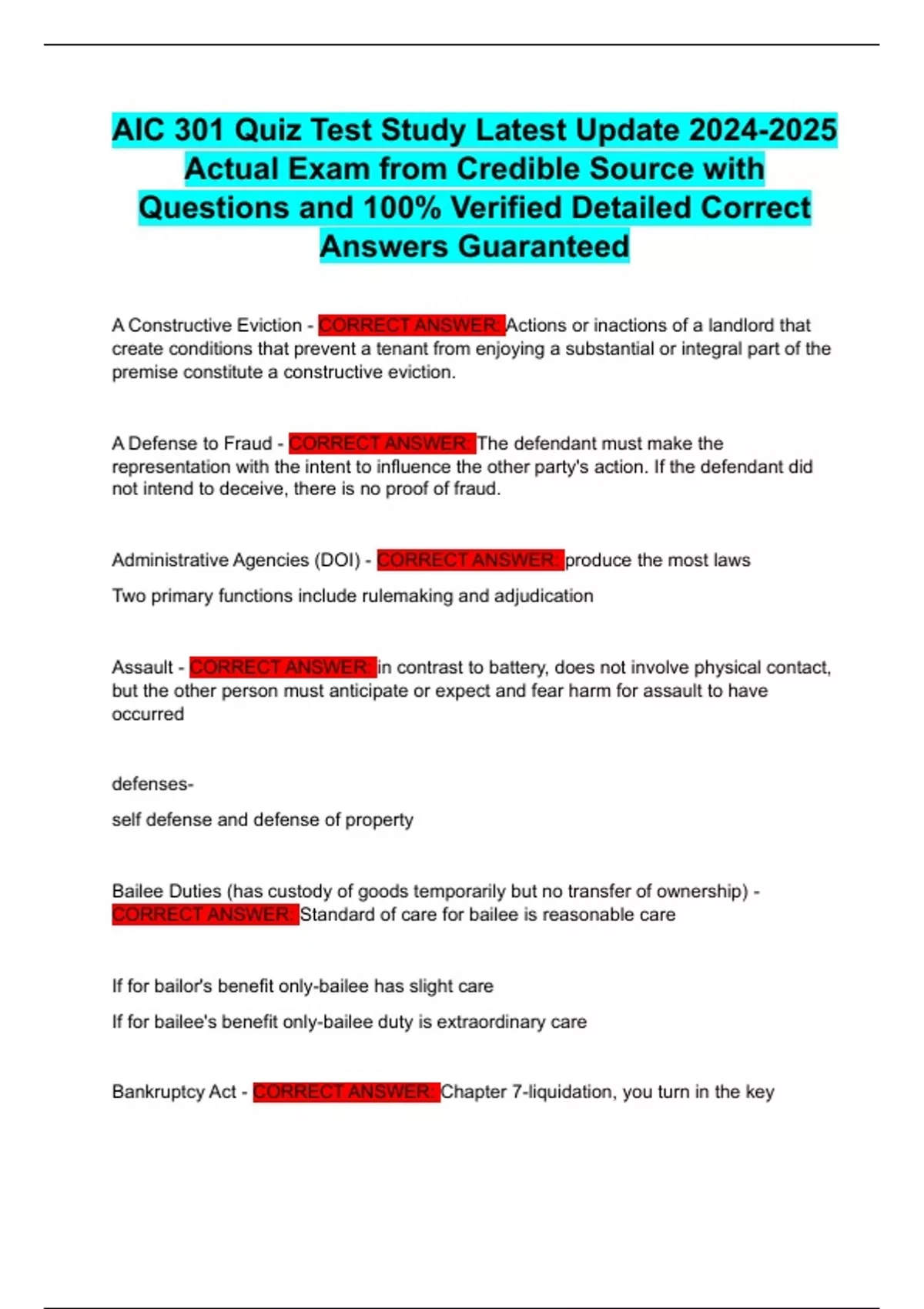 AIC 301 Quiz Test Study Latest Update Actual Exam from Credible Source ...