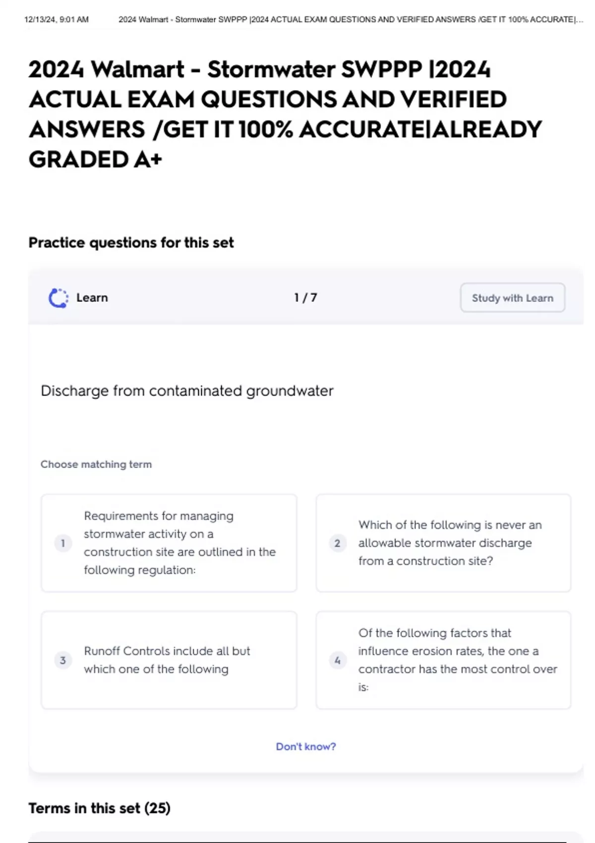 2024 Walmart - Stormwater SWPPP |2024 ACTUAL EXAM QUESTIONS AND ...