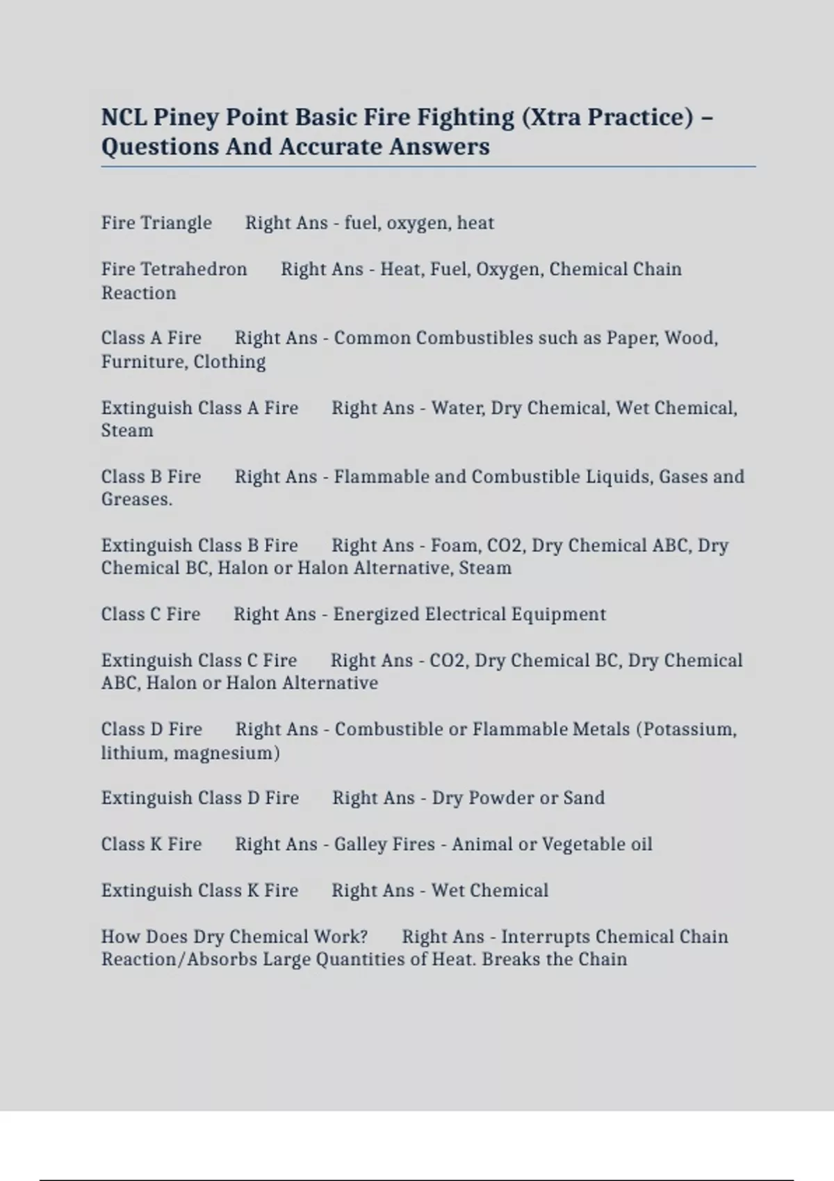 Ncl Piney Point Basic Fire Fighting Xtra Practice Questions And