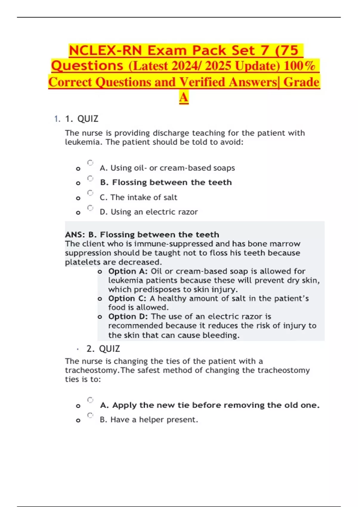 NCLEX-RN Exam Pack Set 7 (75 Questions (Latest 2024/ 2025 Update) 100% ...
