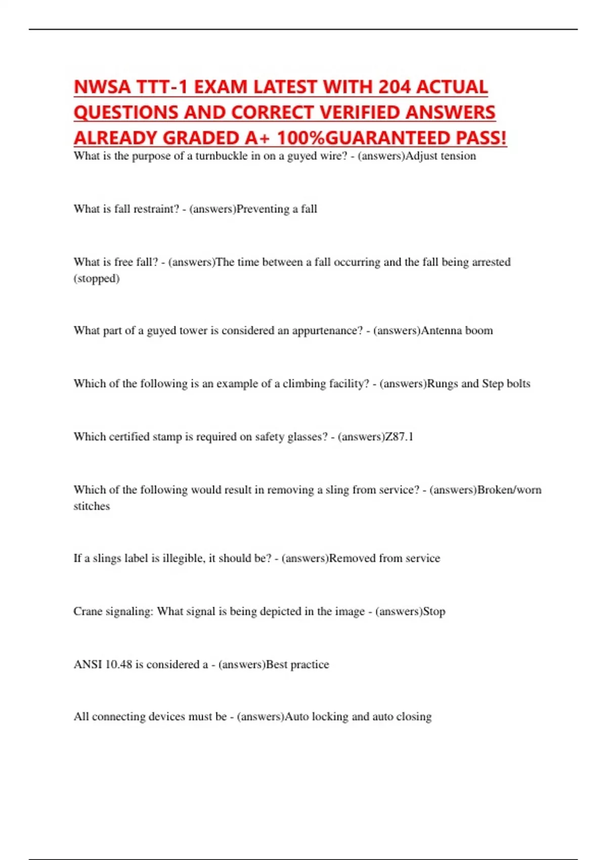 NWSA TTT-1 EXAM LATEST WITH 204 ACTUAL QUESTIONS AND CORRECT VERIFIED ...