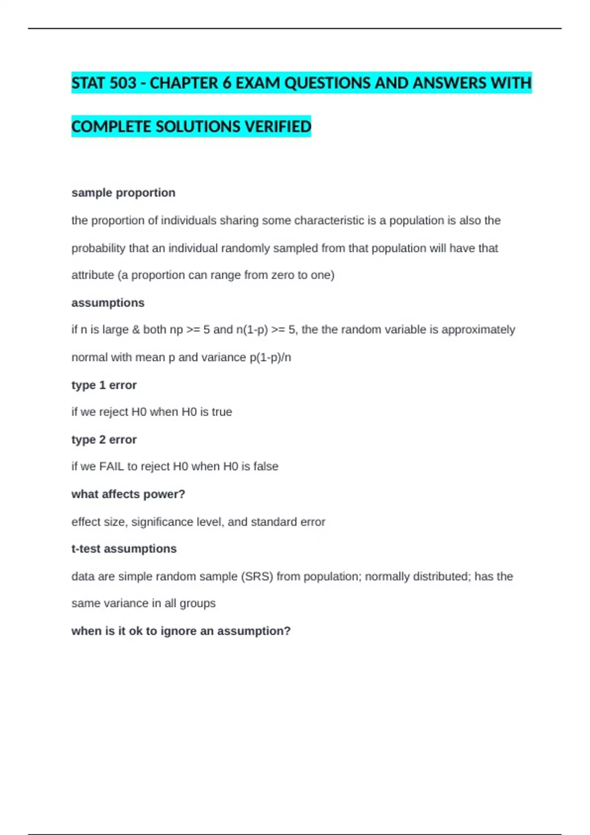 STAT 503 - CHAPTER 6 EXAM QUESTIONS AND ANSWERS WITH COMPLETE SOLUTIONS ...