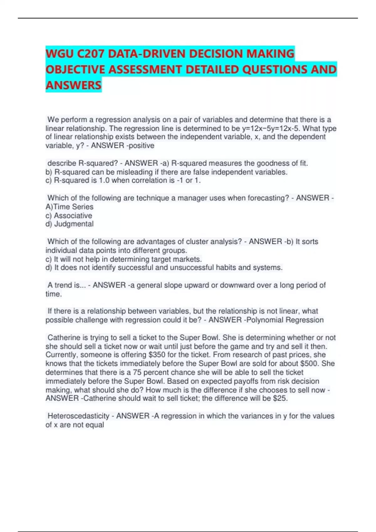 WGU C207 DATA-DRIVEN DECISION MAKING OBJECTIVE ASSESSMENT DETAILED ...