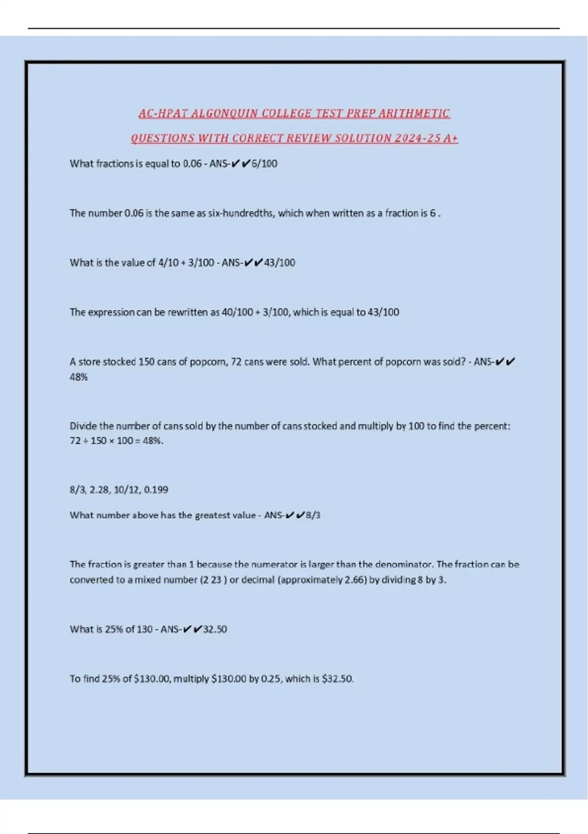 AC-HPAT ALGONQUIN COLLEGE TEST PREP ARITHMETIC QUESTIONS WITH CORRECT ...