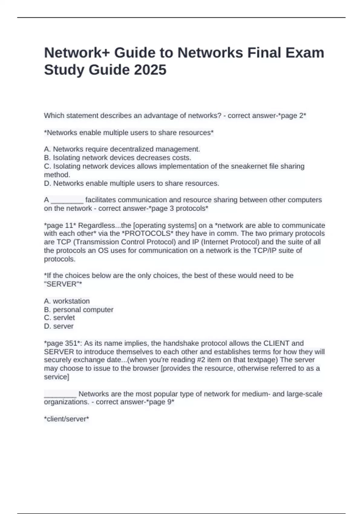 Network+ Guide to Networks Final Exam Study Guide 2025 - Networking ...