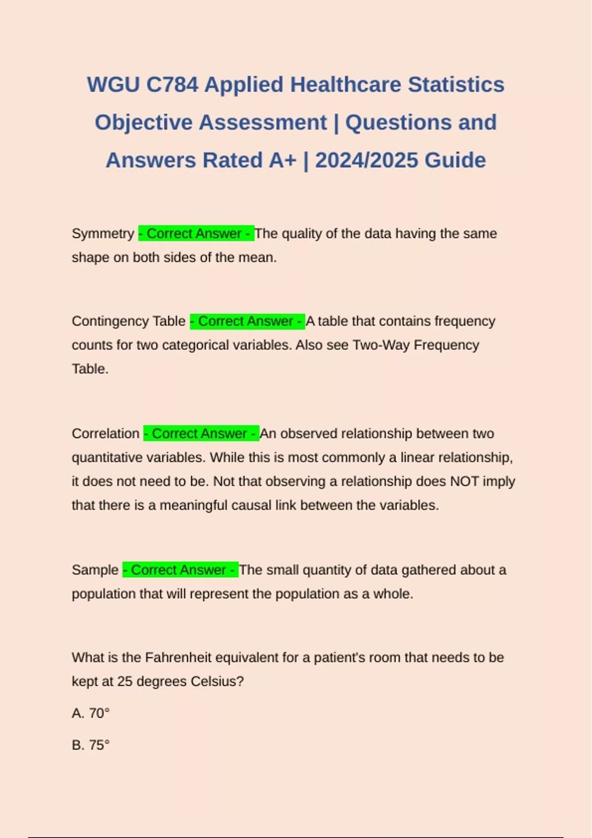 WGU C784 Applied Healthcare Statistics Objective Assessment | Questions and Answers Rated A+ ...