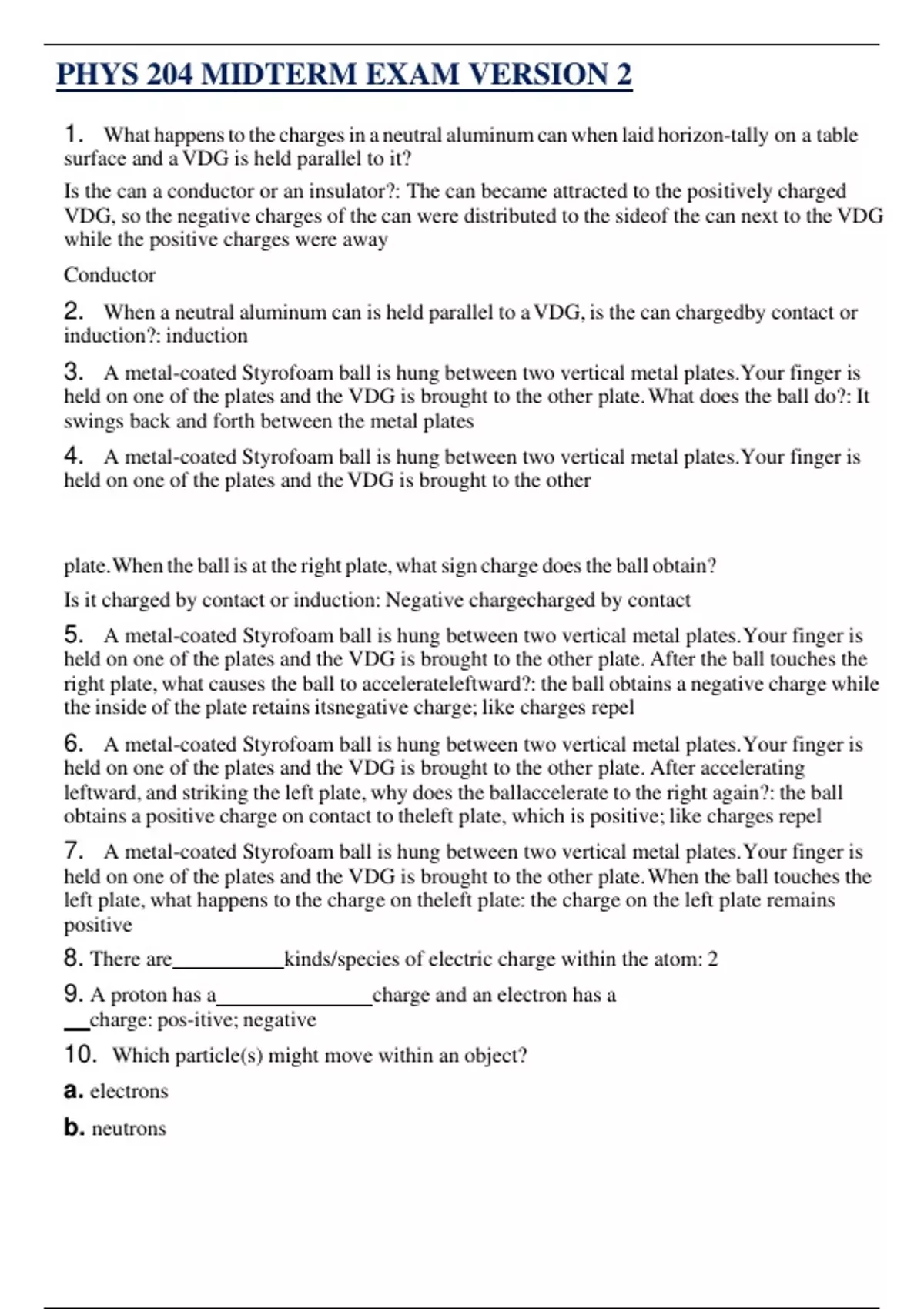 PHYS 204 MIDTERM EXAM VERSION 2 2024/2025 | QUESTIONS WITH 100% VERIFIED ANSWERS AND ...