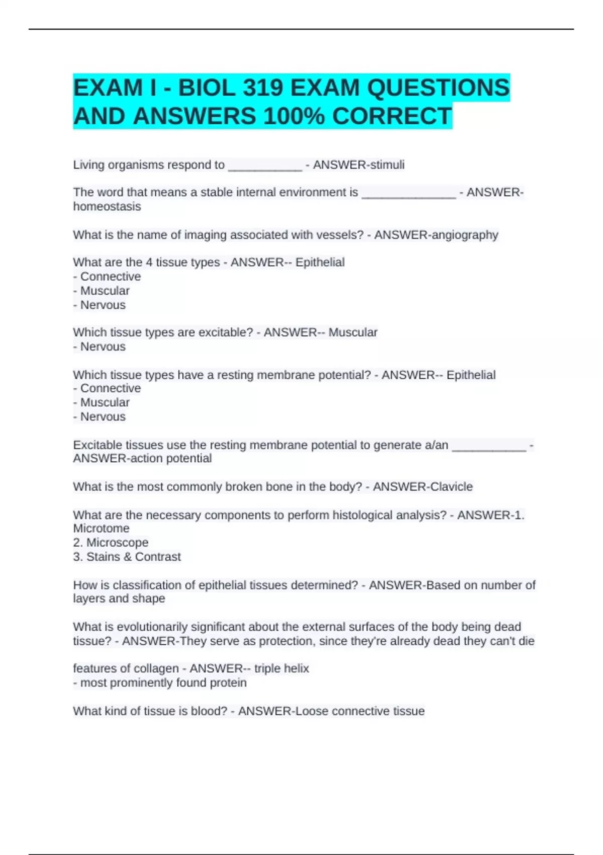 EXAM I - BIOL 319 EXAM QUESTIONS AND ANSWERS 100% CORRECT - BIOL 319 - Stuvia US