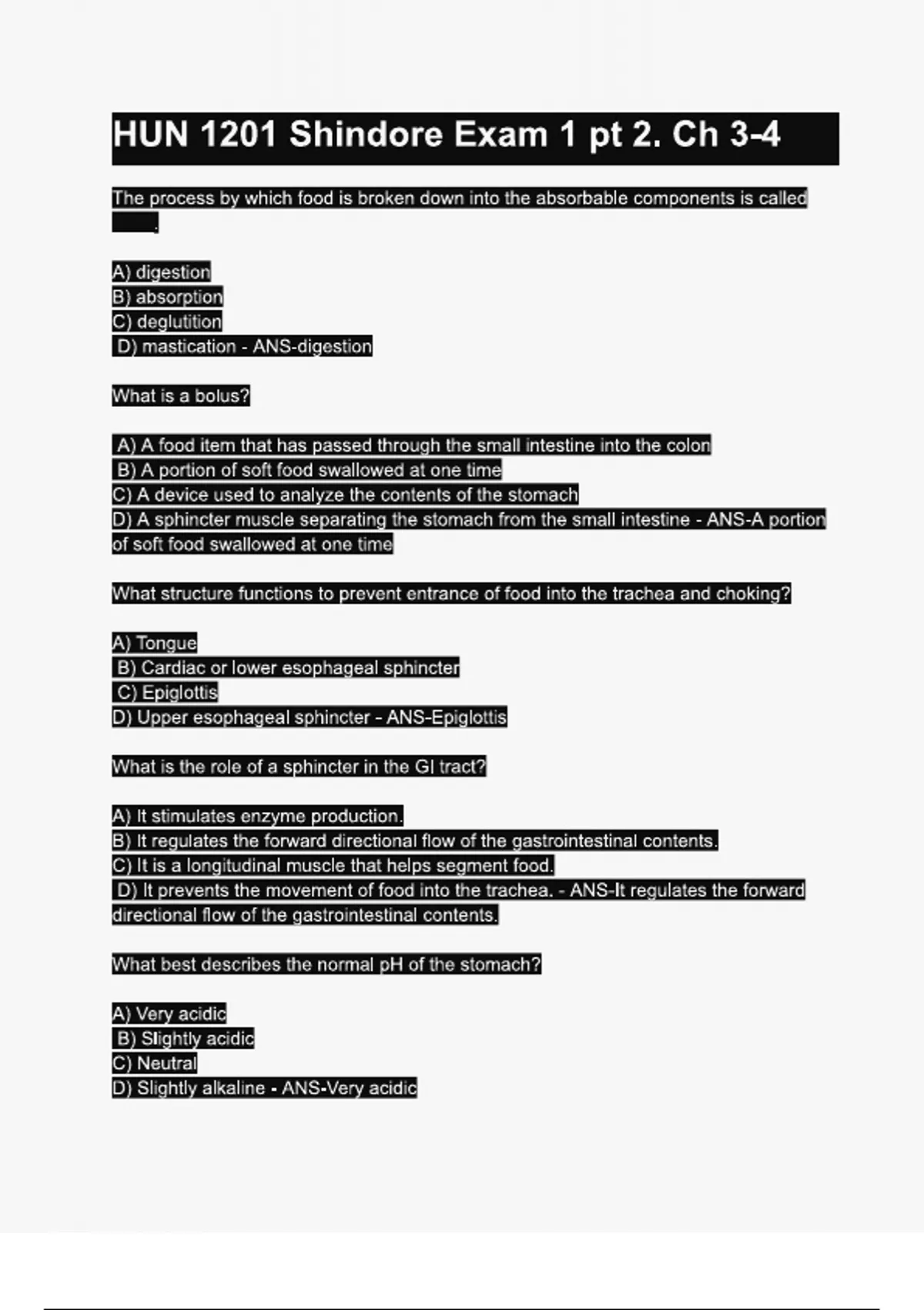 HUN 1201 Shindore Exam 1 pt 2. Ch 3-4 Questions and Verified Answers |100% Correct | Complete ...