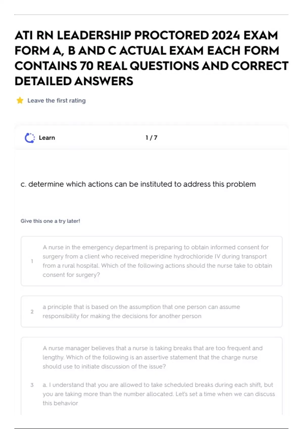 ATI RN LEADERSHIP PROCTORED 2024 EXAM FORM A, B AND C ACTUAL EXAM EACH ...
