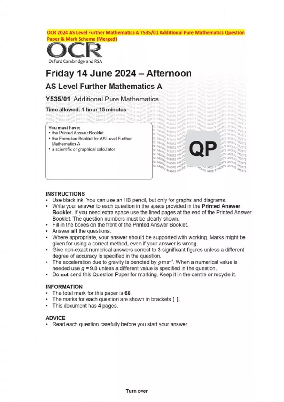 OCR 2024 AS Level Further Mathematics A Y535/01 Additional Pure ...