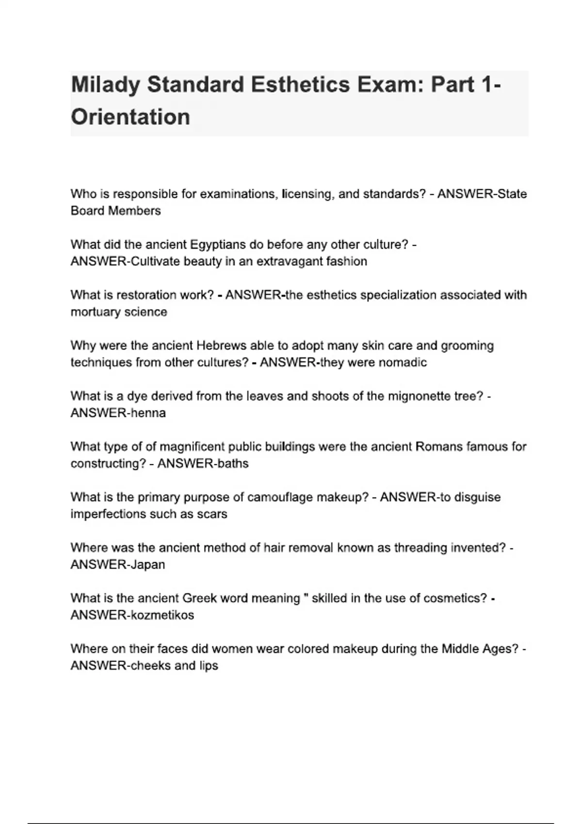 Milady Standard Esthetics Exam Part 1- Orientation Questions and ...