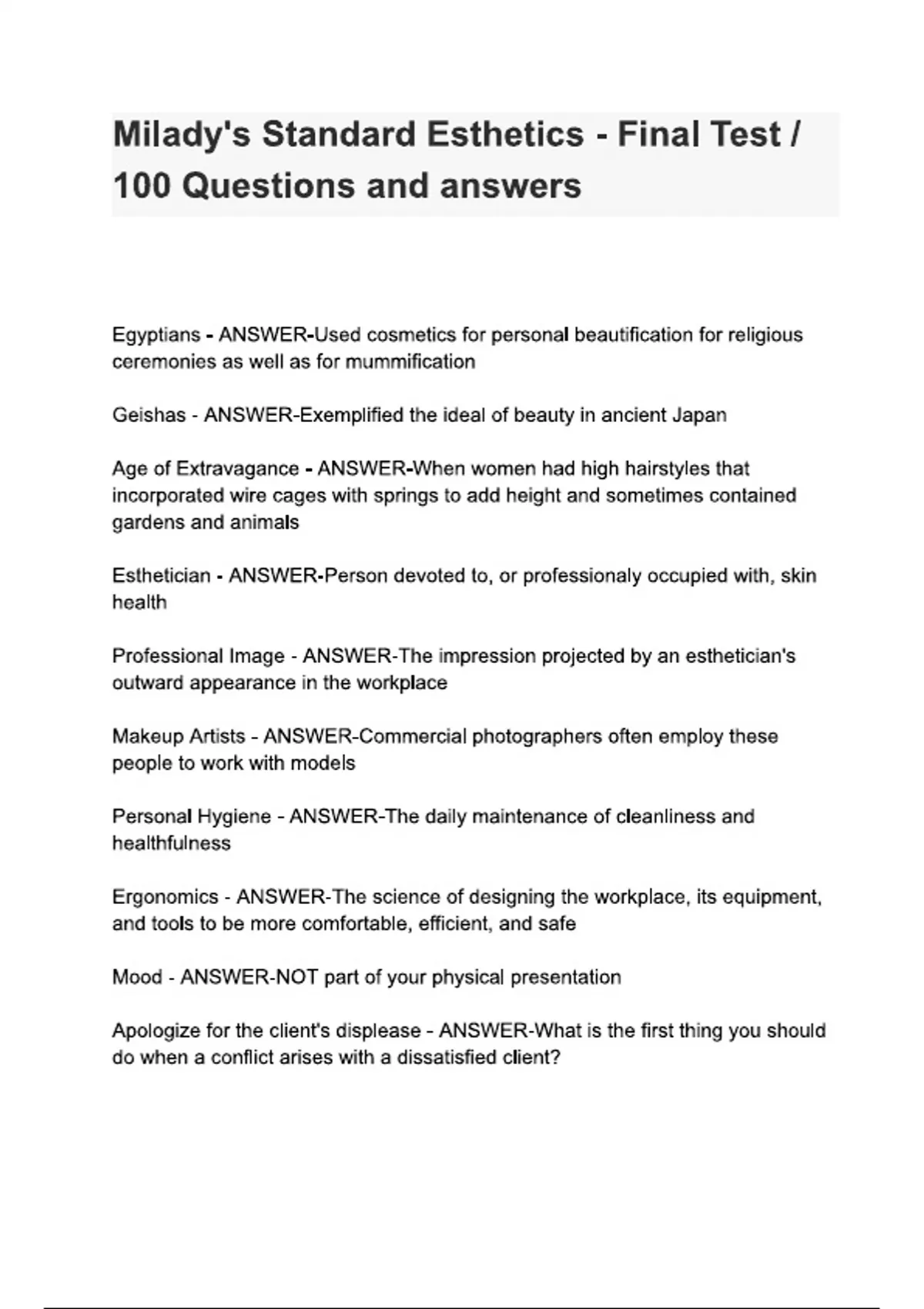 Milady's Standard Esthetics - Final Test Questions and Verified Answers ...