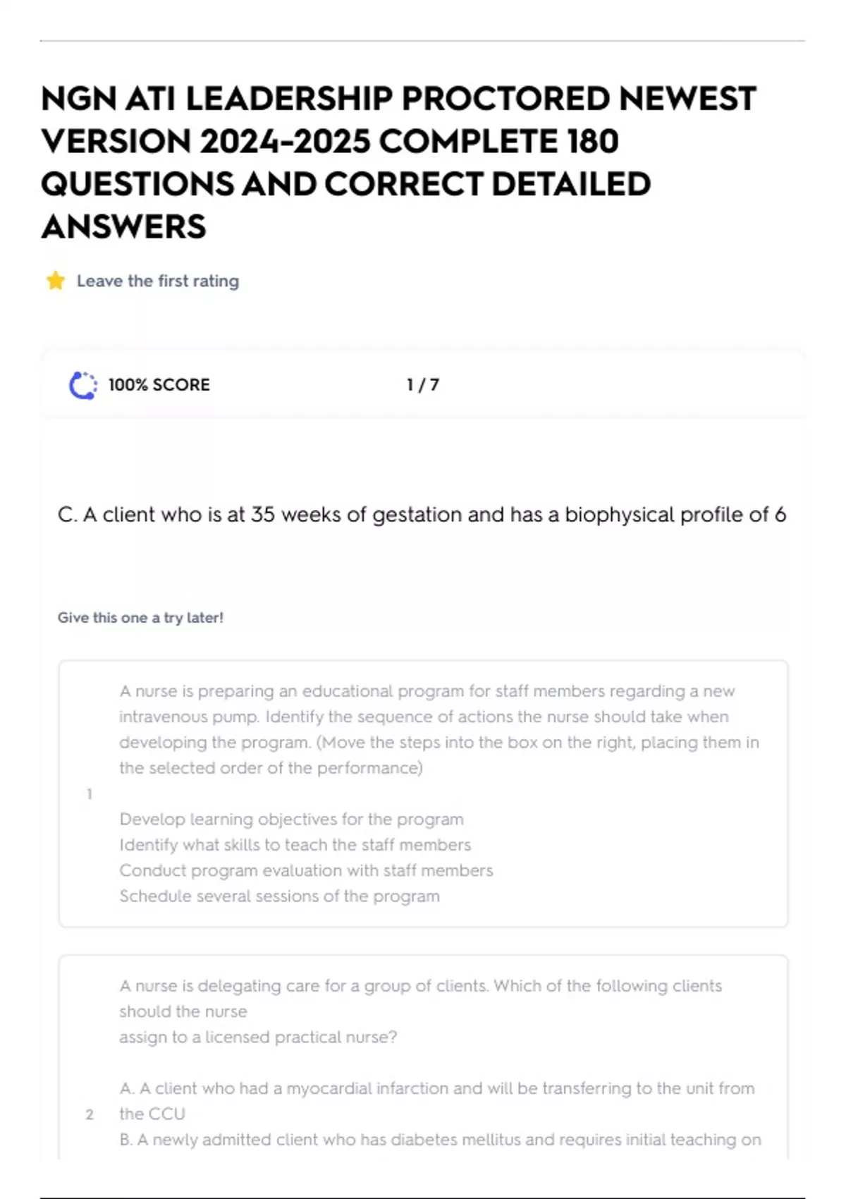 NGN ATI LEADERSHIP PROCTORED NEWEST VERSION COMPLETE 180 QUESTIONS AND ...