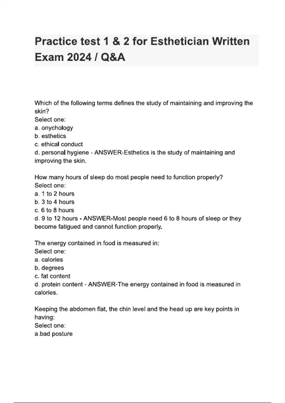 Practice test 1 & 2 for Esthetician Written Exam Questions and Verified ...