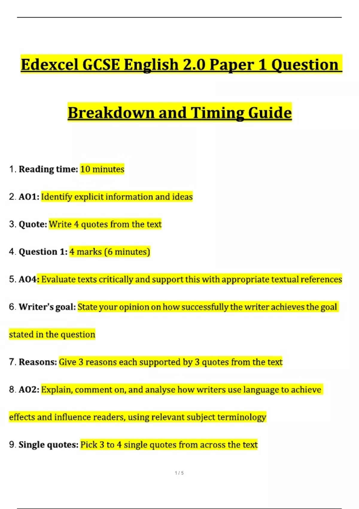 Edexcel GCSE English 2.0 Paper 1 Question Breakdown and Timing Guide ...