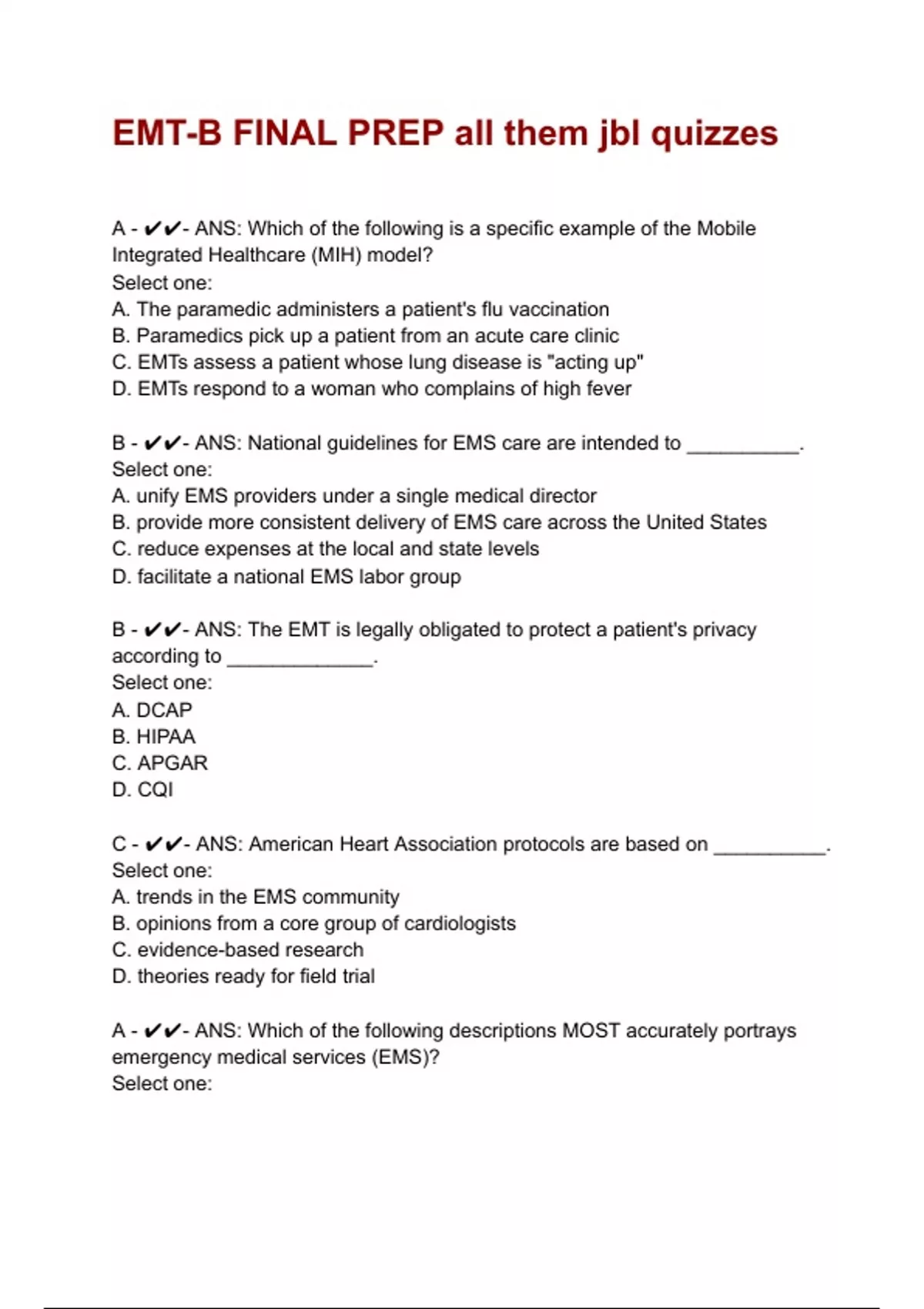 EMT-B FINAL PREP all them jbl quizzes (Latest Update 2024 / 2025 ...
