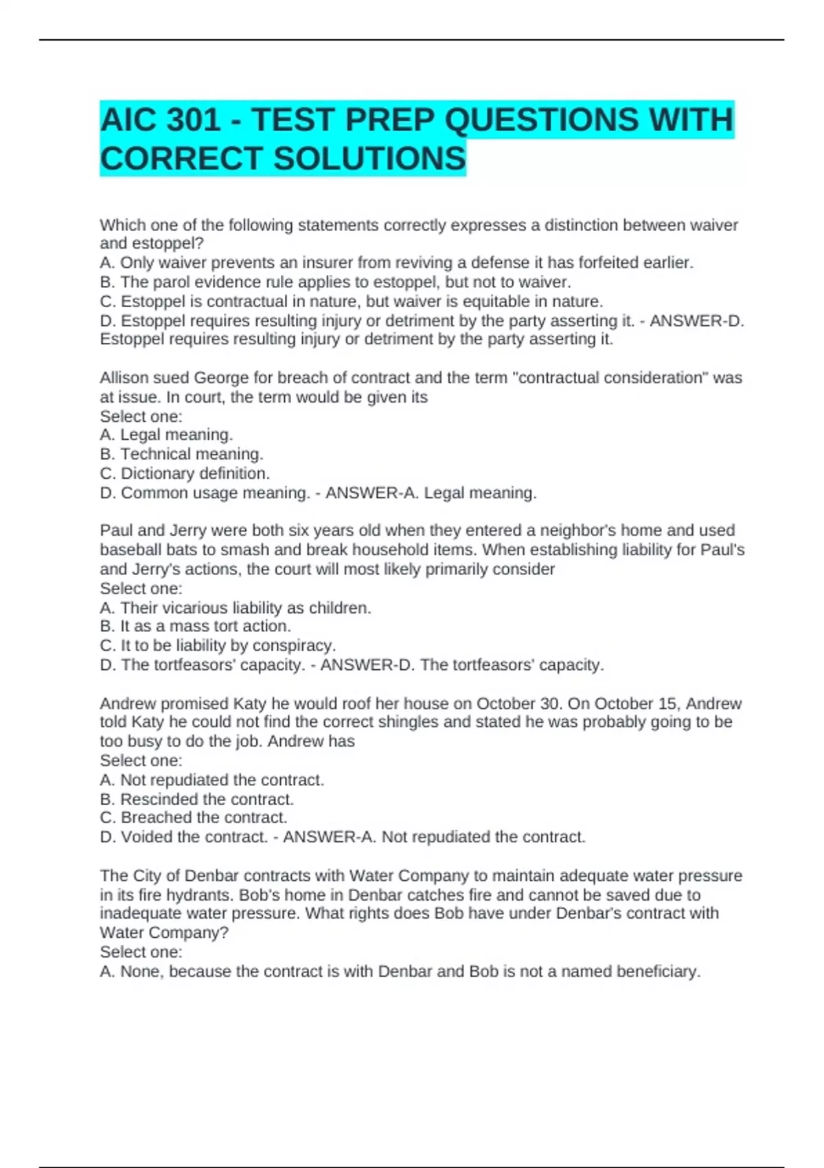 AIC 301 - TEST PREP QUESTIONS WITH CORRECT SOLUTIONS - AIC 301 - Stuvia US