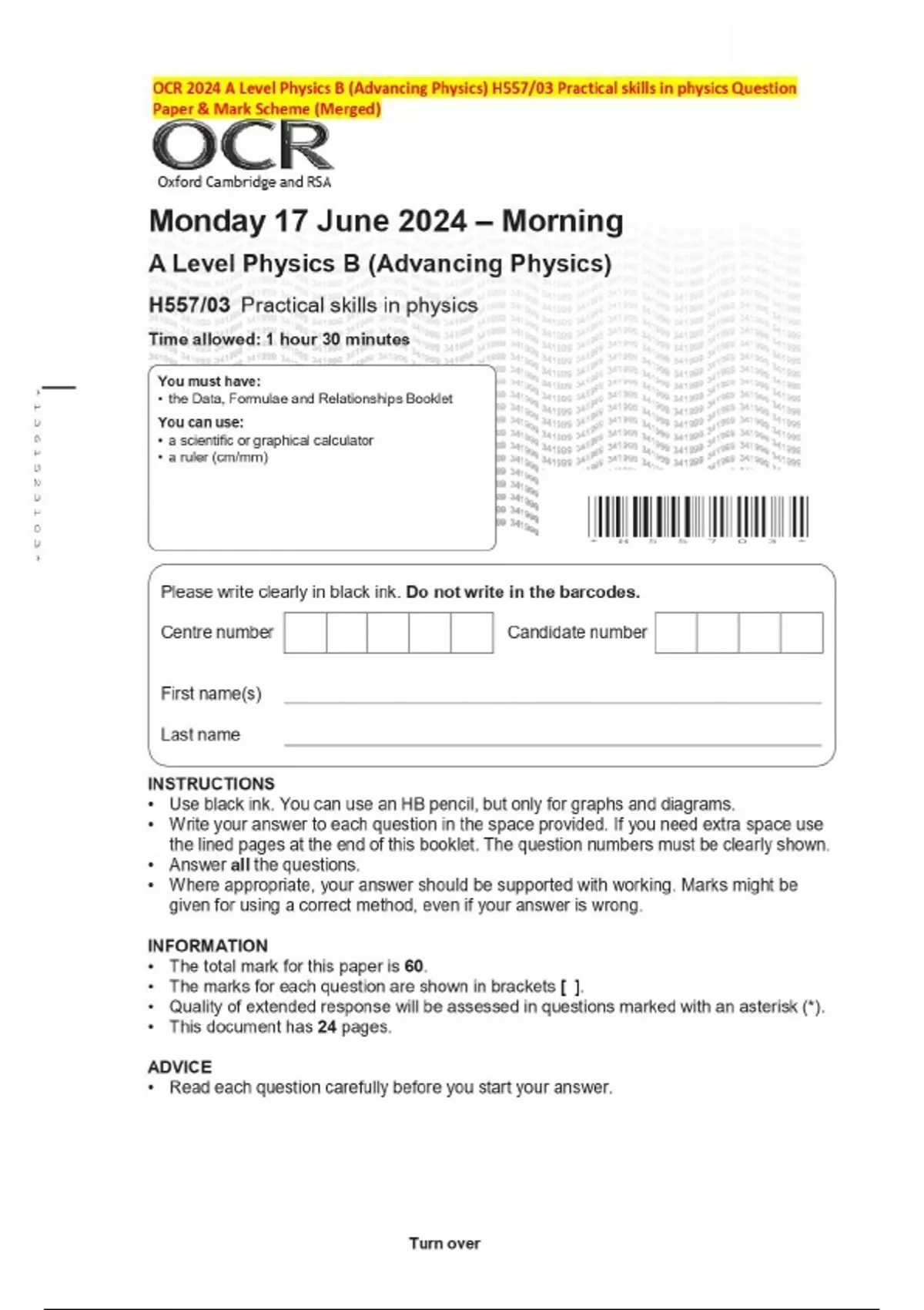 OCR 2024 A Level Physics B (Advancing Physics) H557/03 Practical skills ...