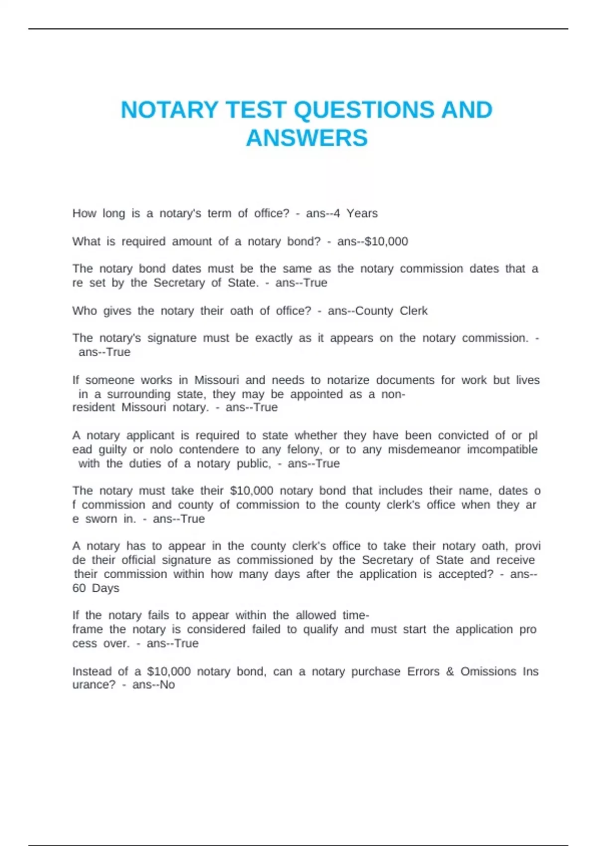NOTARY FINAL QUESTIONS AND ANSWERS - Stuvia US